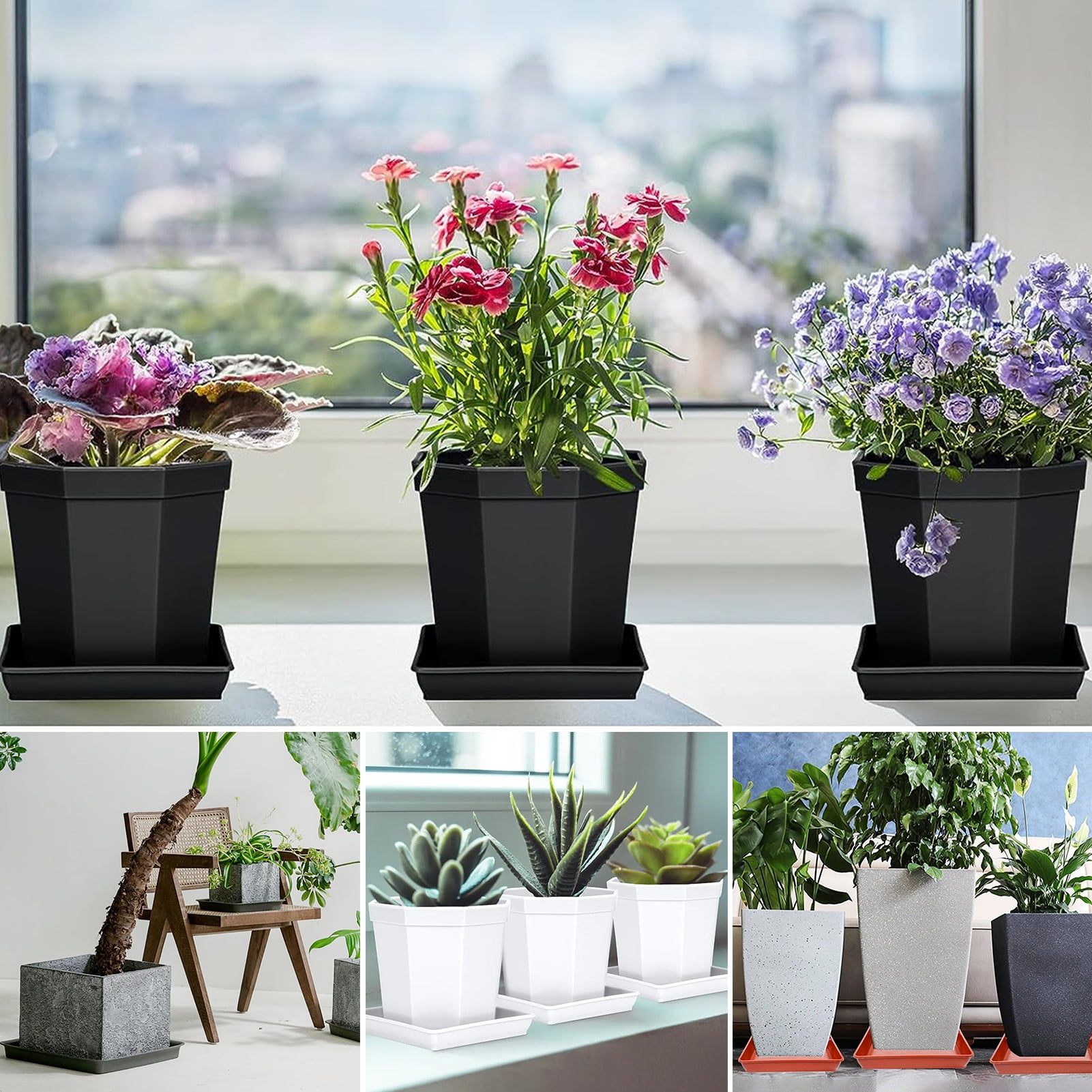 Xeyise 5Pcs Square Flower Pot Trays Plastic Catch Excess Water Soil ...