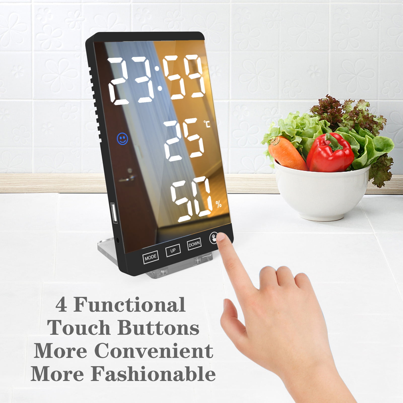 Xeyise Alarm Clock Touch Button Mirror Surface Acrylic Large Numbers ...