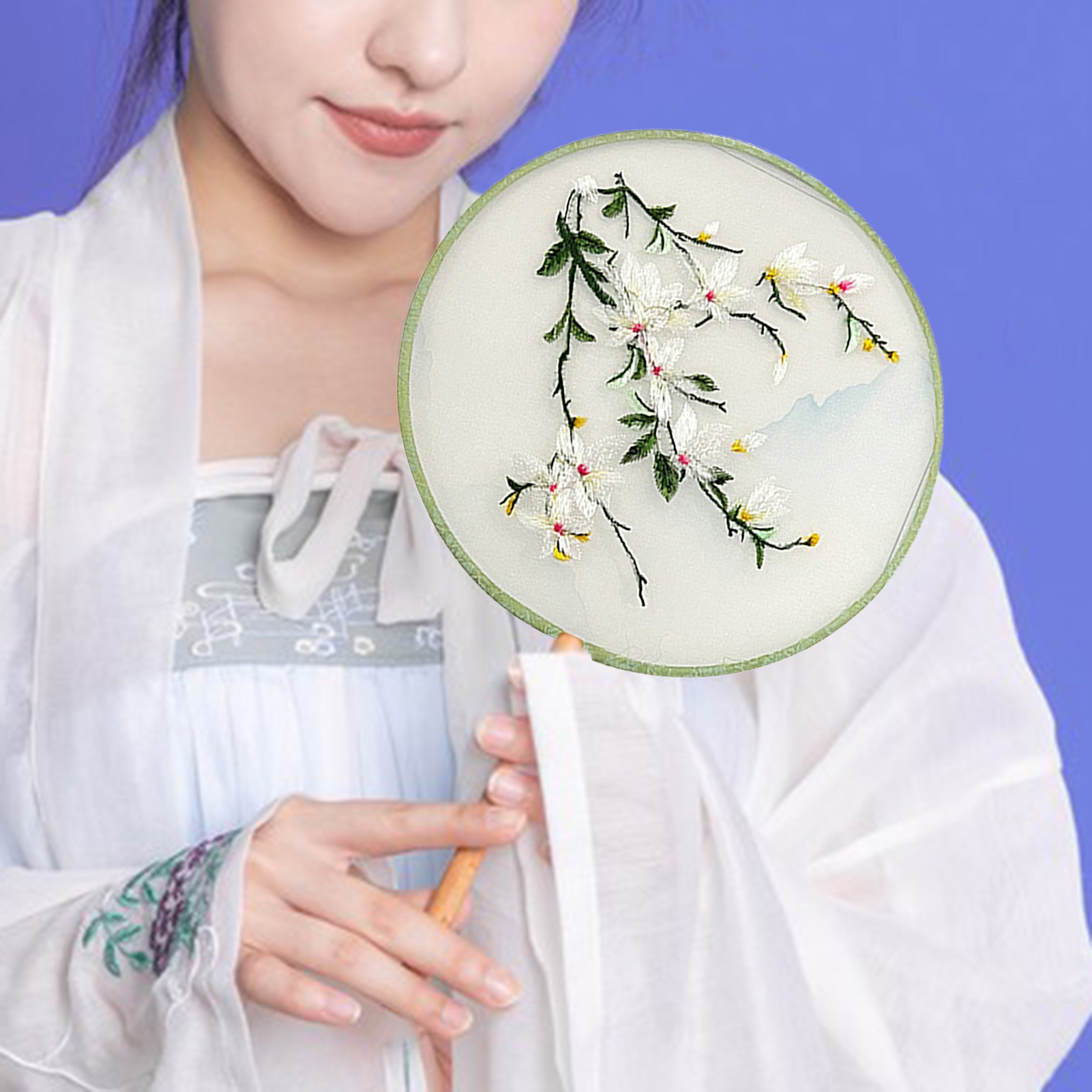Xeyise Chinese Hanfu Round Fan Double-sided Embroidered Flower Pattern ...