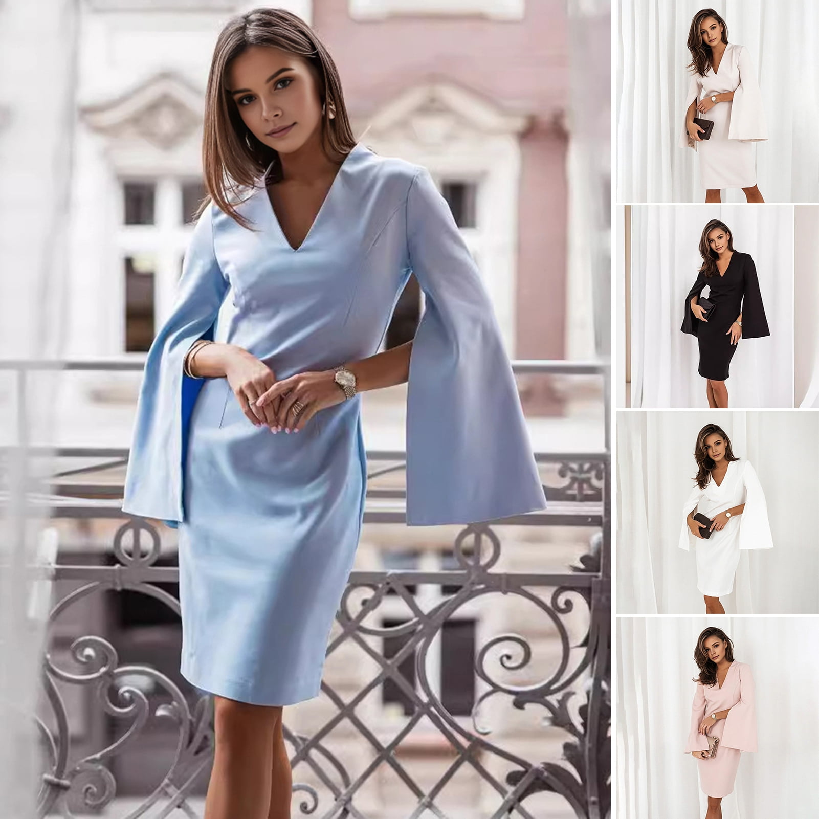 Xeyise Fall Summer Women Dress Long Slit Horn Sleeves V Neck Slim Fit ...