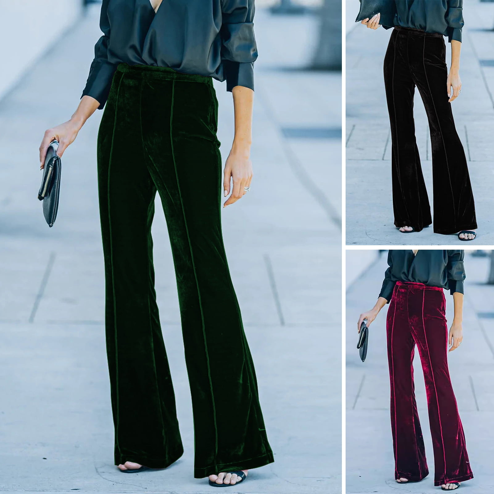 Xeyise Golden Velvet Flared Pants High Waist Wide Leg Urban Style Long ...