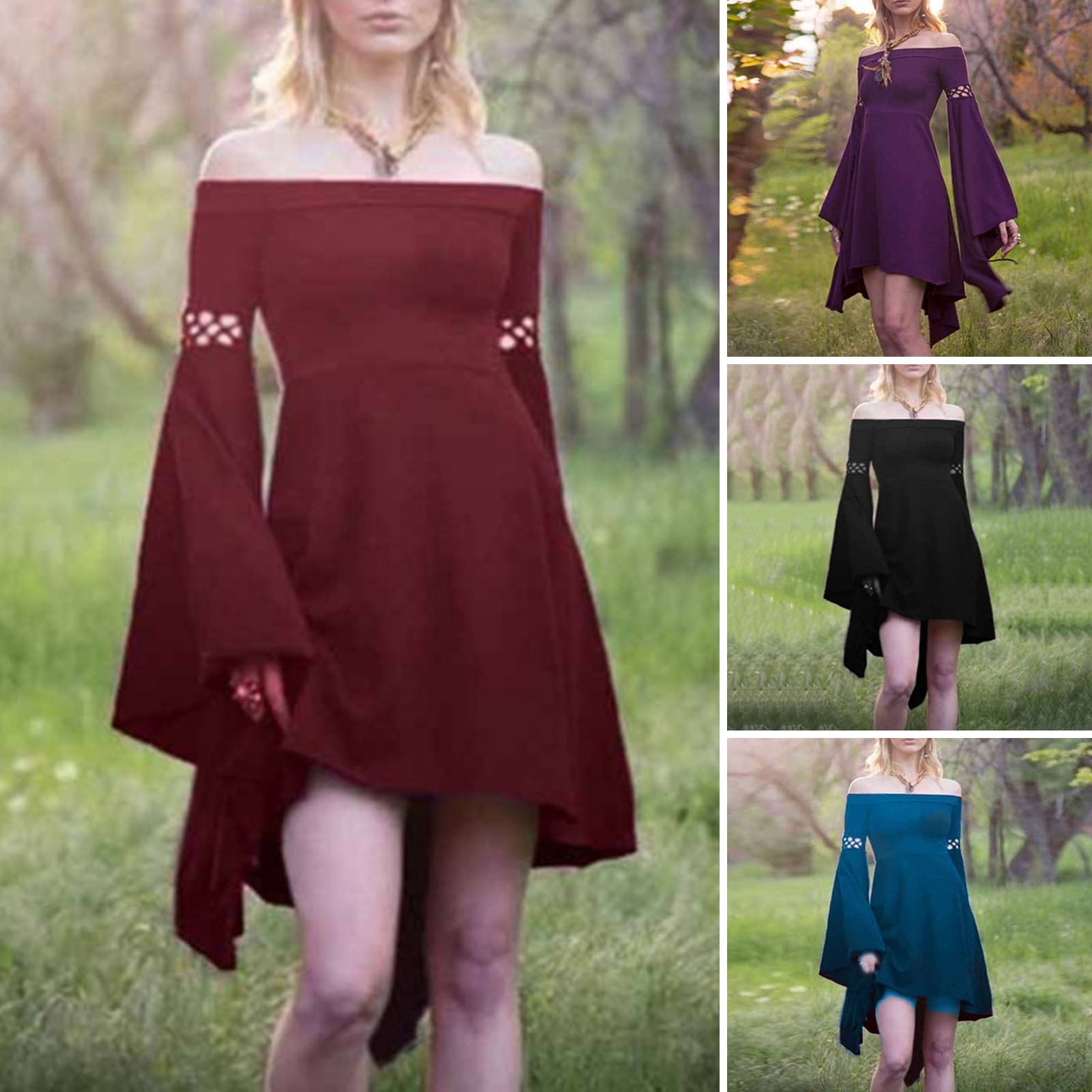 Xeyise Lady Princess Dress Off Shoulder Long Bell Sleeves Irregular Hem Slim Fit A-line Hollow ...