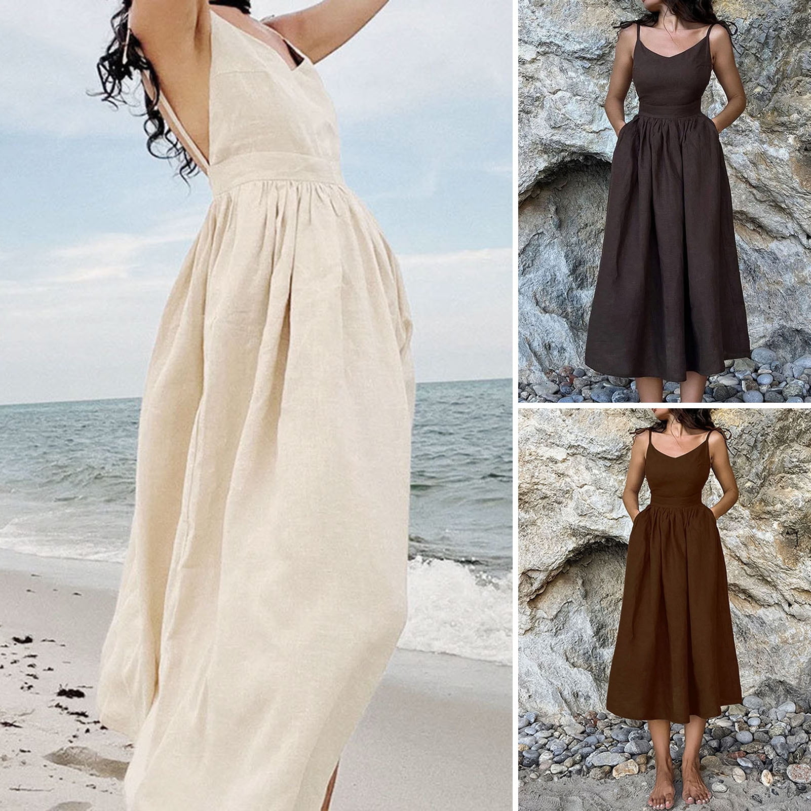 Xeyise Lady Summer Dress Spaghetti Strap V Neck A-line Solid Color ...