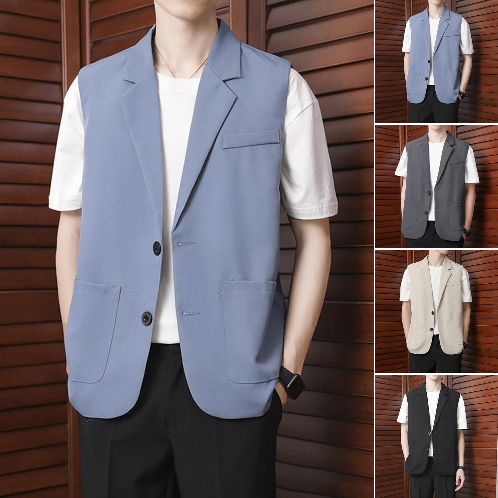 Xeyise Men Suit Vest Lapel Sleeveless Two-Button Placket Business ...