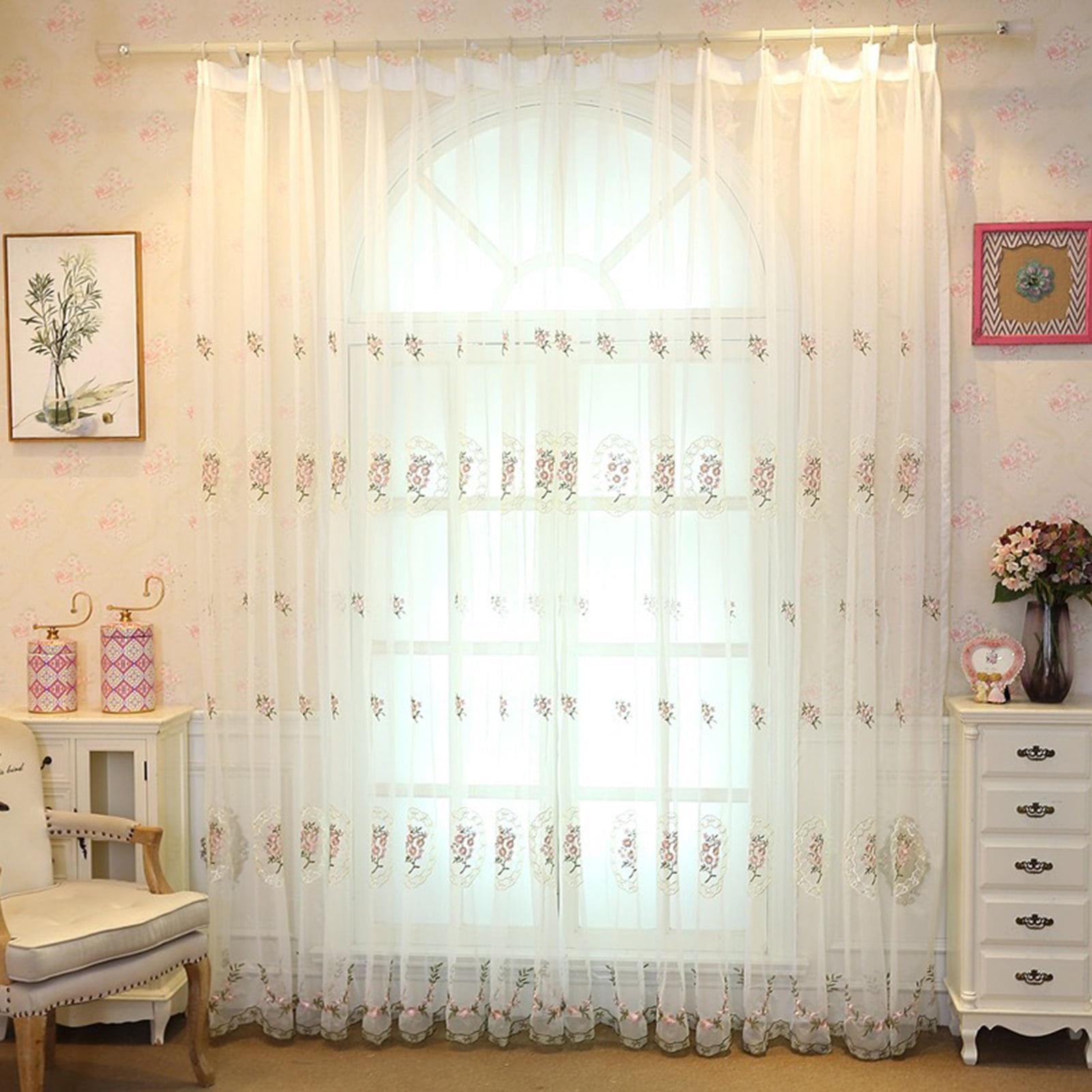 Xeyise Sheer Curtain Floral Embroidered Semi-transparent Fabric ...