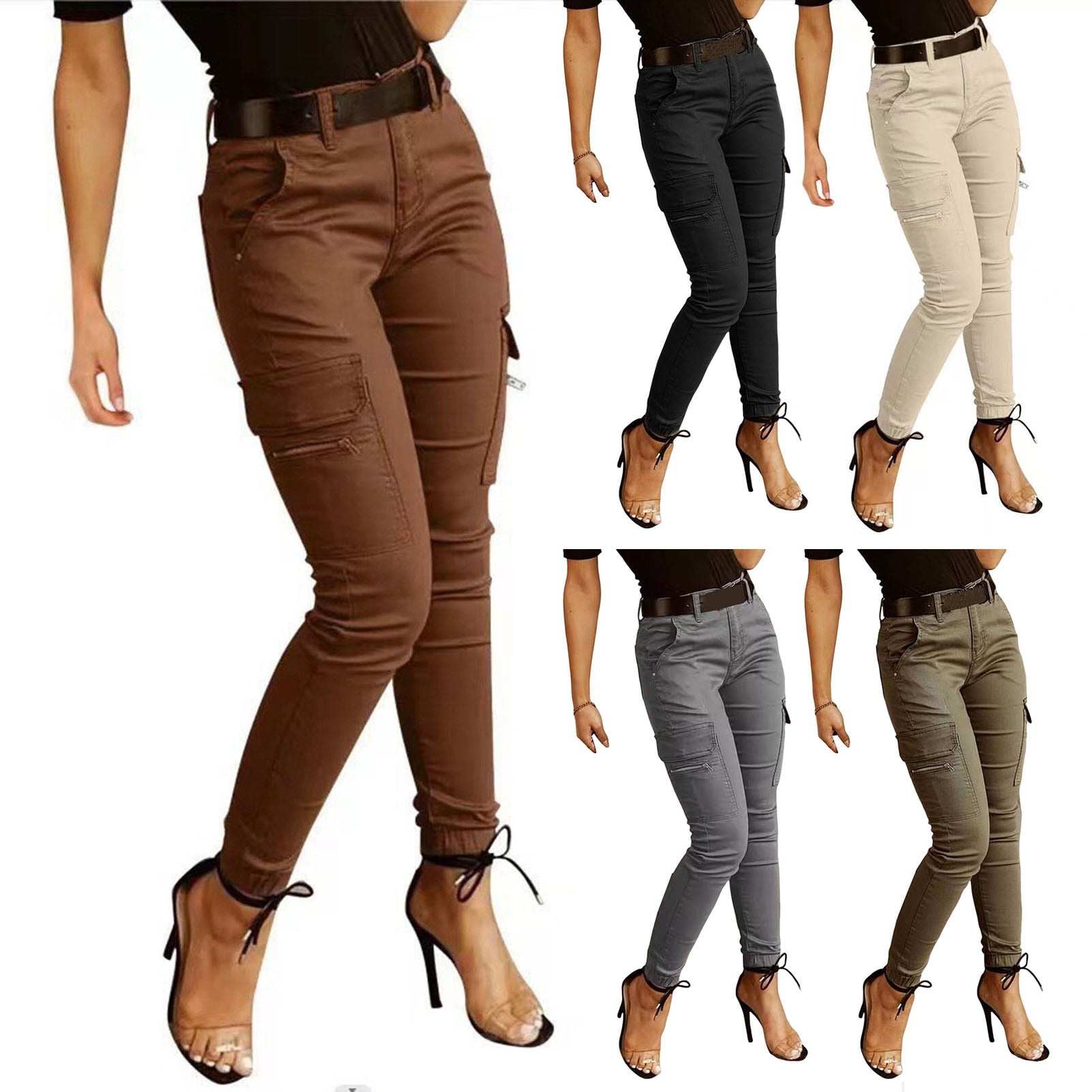 Xeyise Slim Fit Cargo Pants Women Low-Rise Button Zipper Fly Solid ...