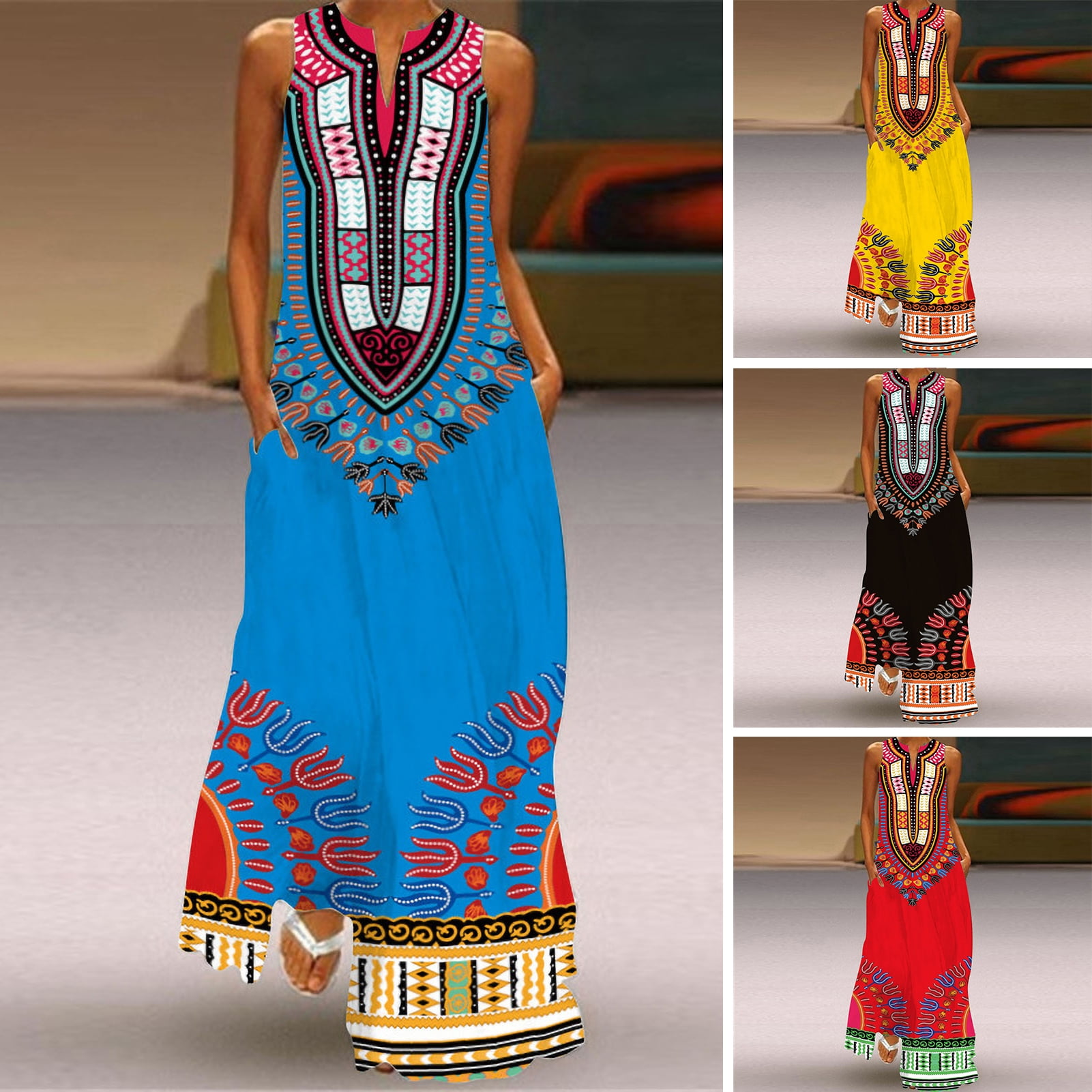Xeyise Summer Maxi Dress Off Shoulder Sleeveless A-line Retro Colorful ...