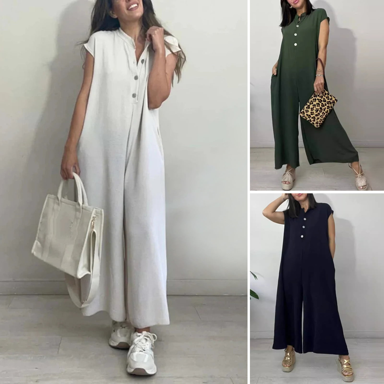 Xeyise Summer Women Jumpsuit Buttons Wide Leg Loose Solid Color Short ...