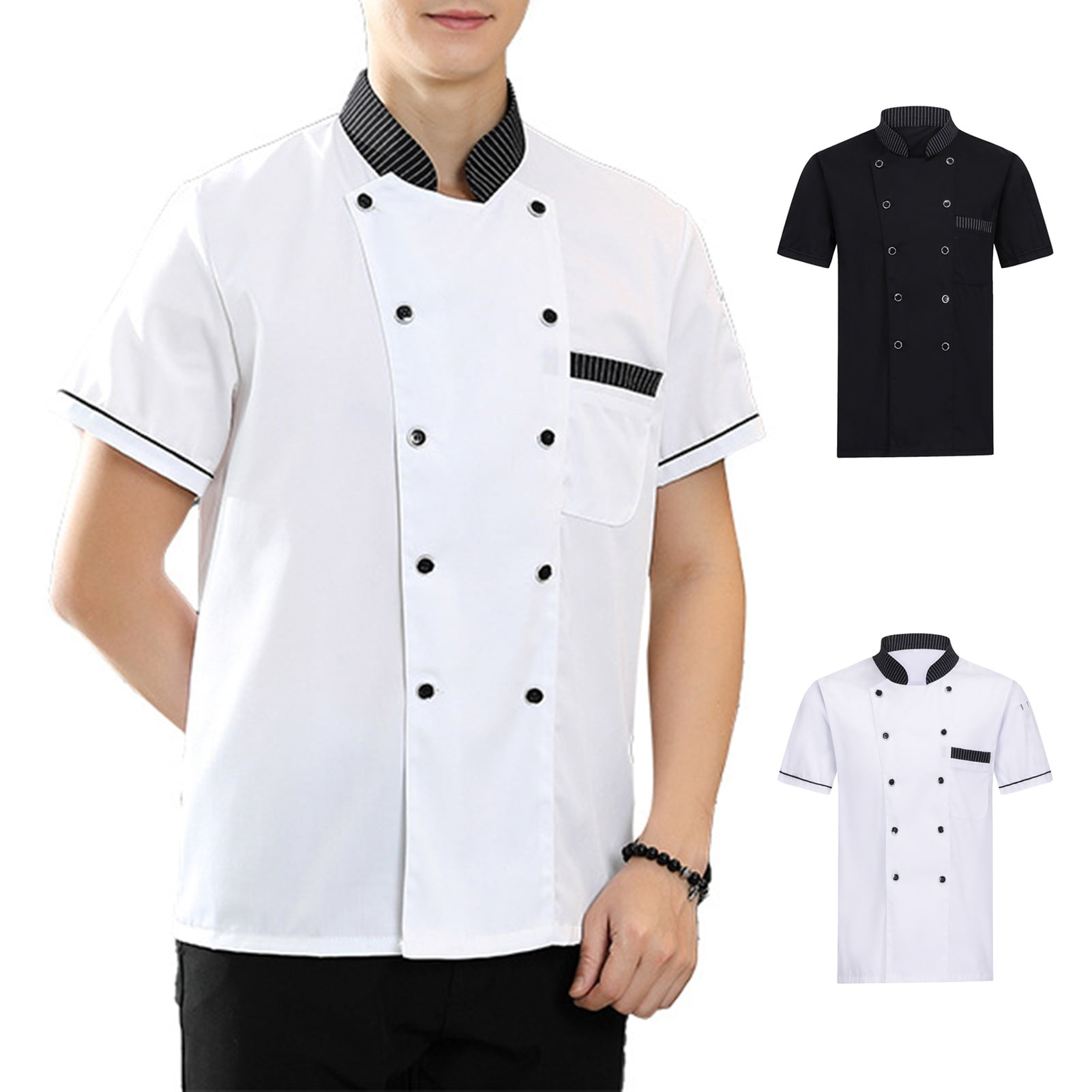 Xeyise Unisex Chef Shirt Kitchen Double-breasted Short Sleeve Stand ...