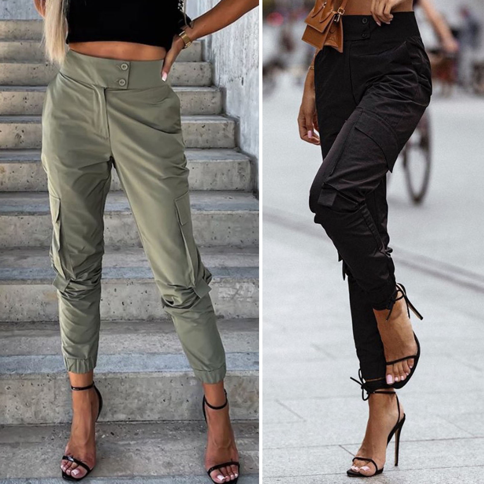 Xeyise Women Cargo Pants Mid-rise Button Zipper Fly Hip-Hop Style Multi ...