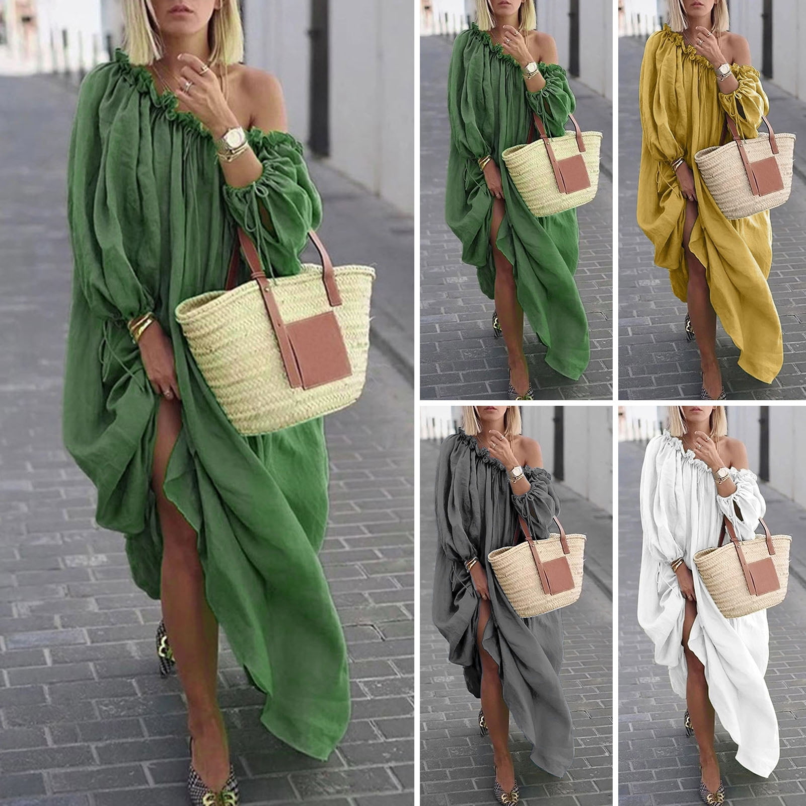 Xeyise Women Dress Slant Neck Shirring Long Lantern Sleeves Loose Pure ...