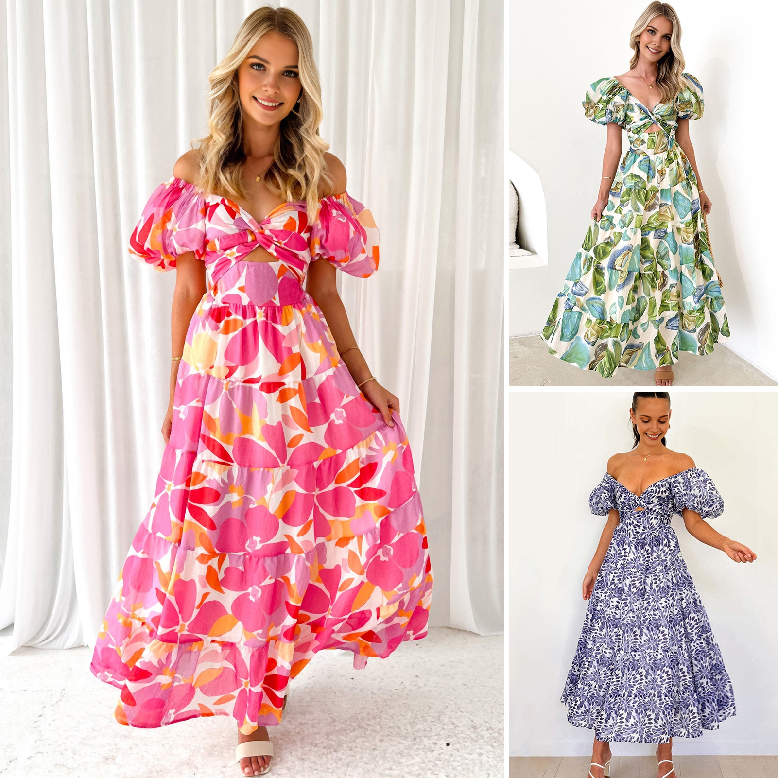 Xeyise Women Evening Dress Bubble Sleeves Low-cut Off Shoulder Colorful ...