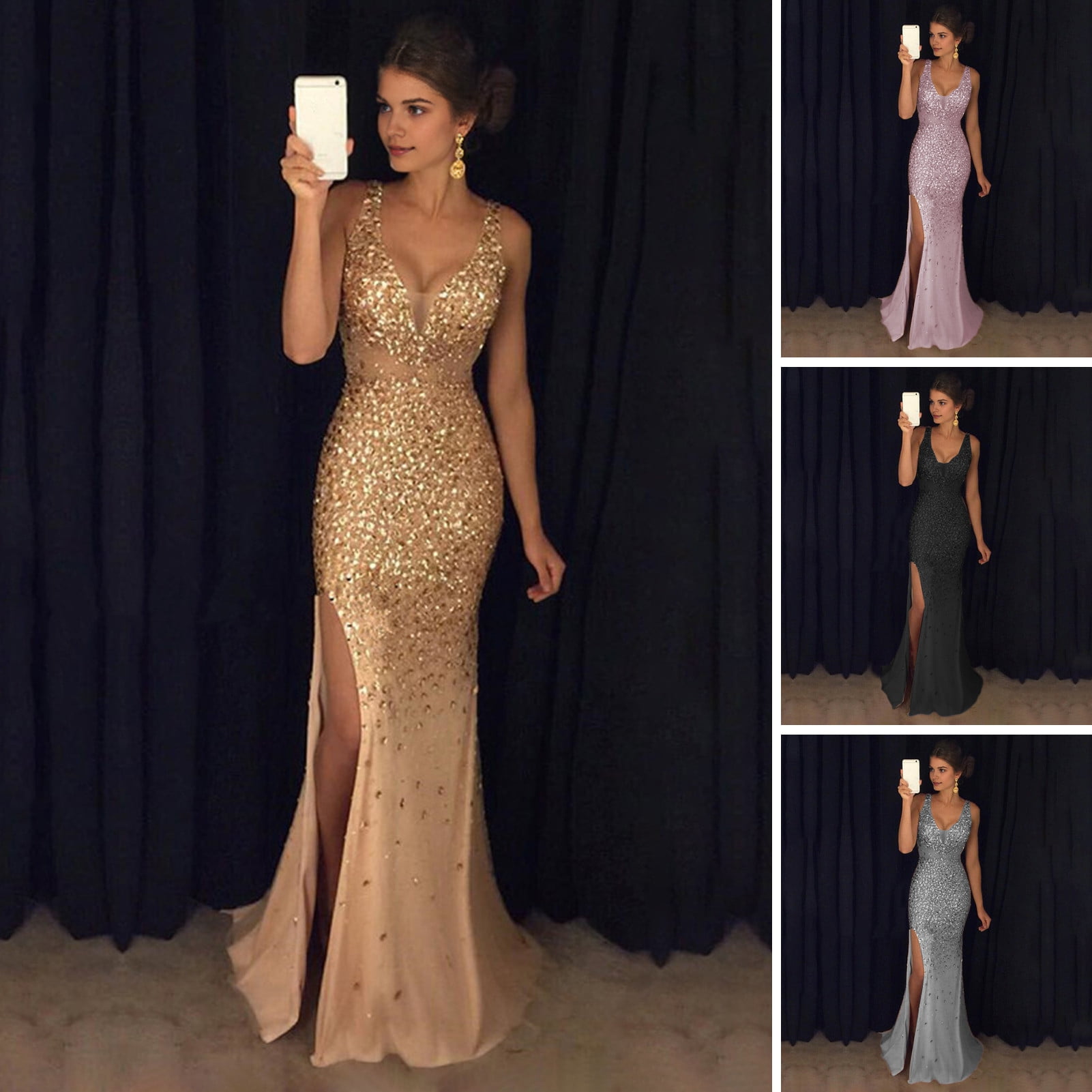 Xeyise Women Evening Dress V Neck Mesh Patchwork Sequin Sleeveless ...