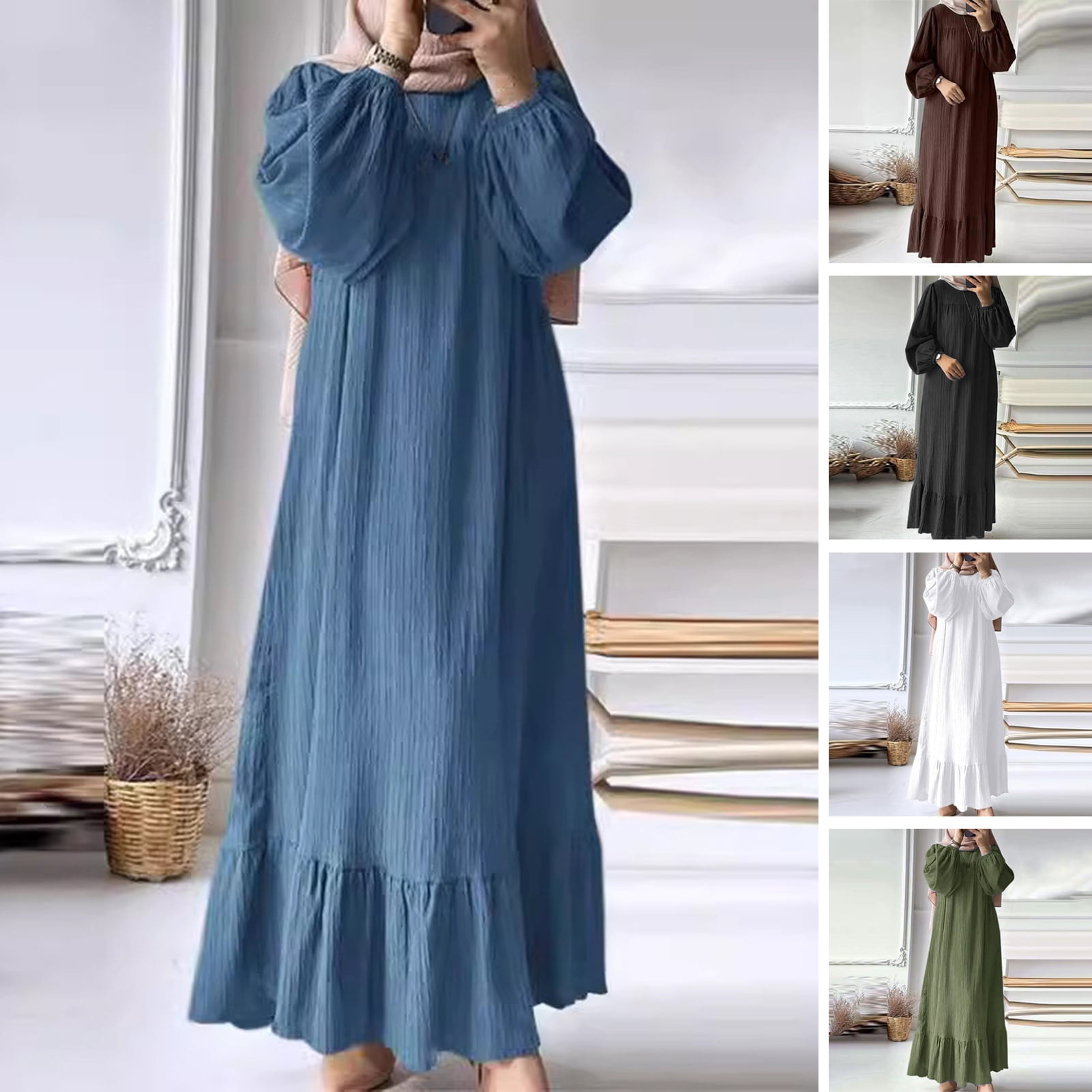 Xeyise Women Robe Dress Crew Neck Long Puff Sleeves Pure Color Plus ...
