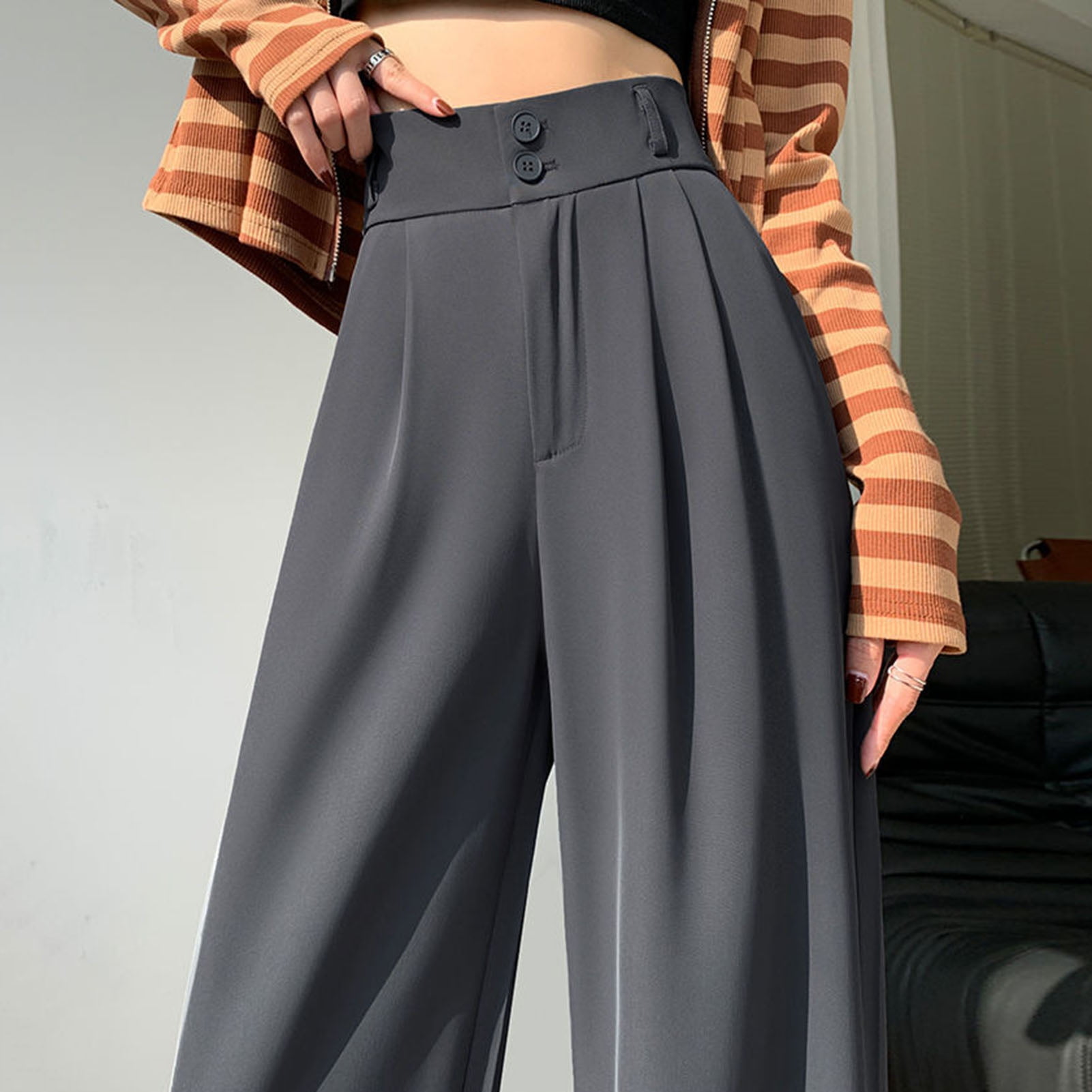Xeyise Women Suit Pants High Waist Button Zipper Fly Straight Wide Leg ...