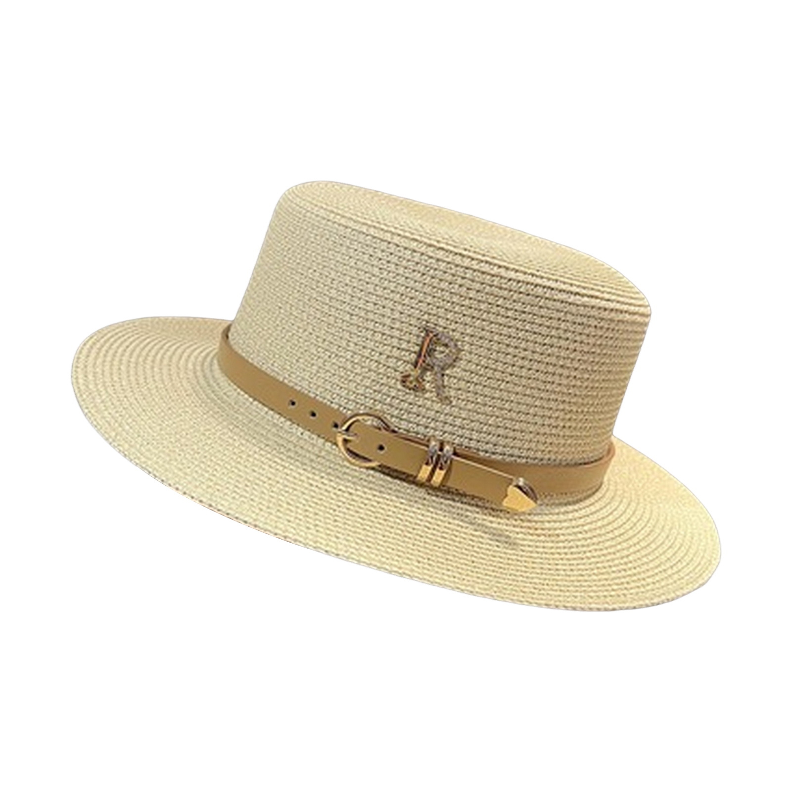 Xeyise Women Sumemr Belt Letter Decor Rhinestone Flat Top Round Brim ...