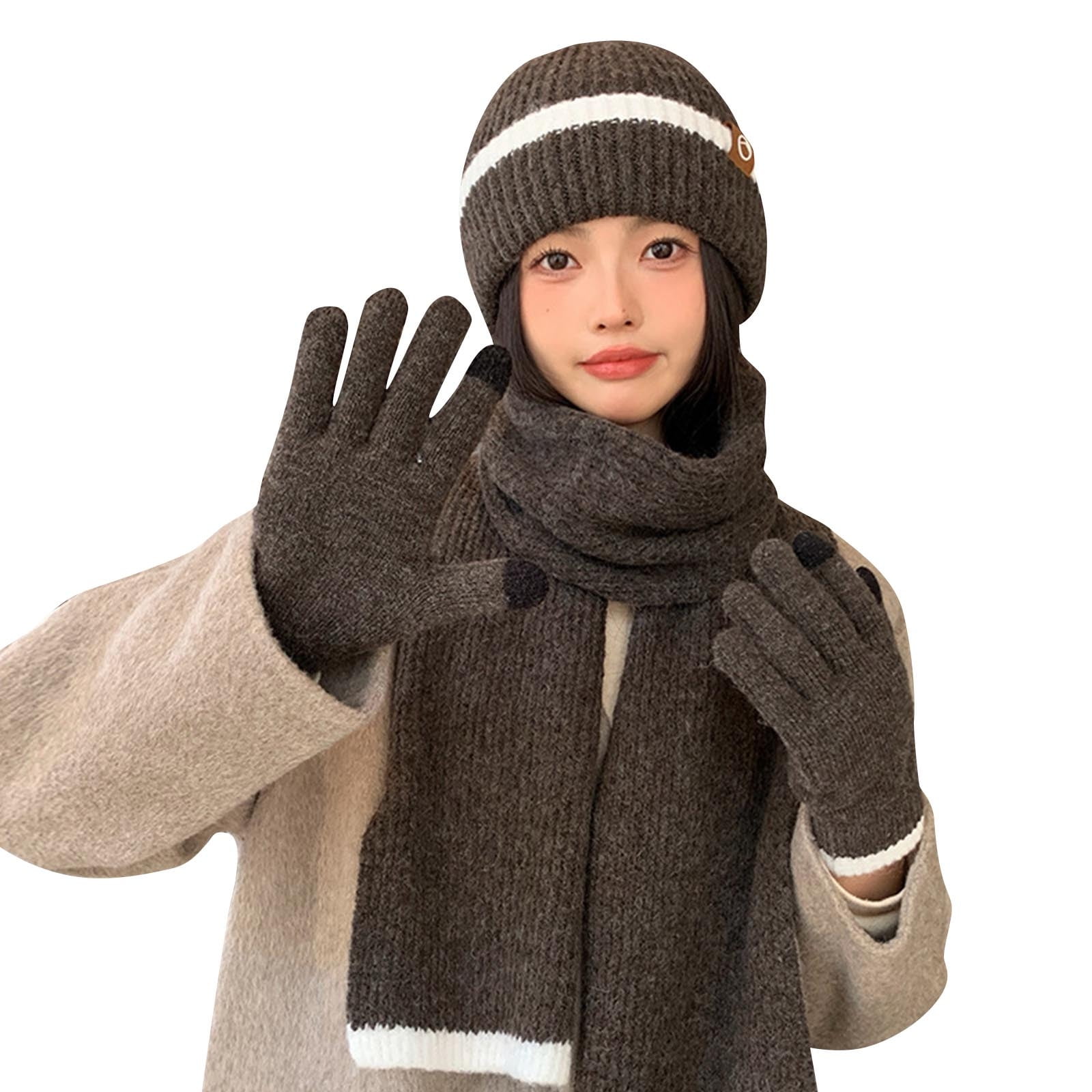 Xfvqtps 3PCS Womens Hat Scarf Gloves Three-Piece Set Knitted Simplicity ...
