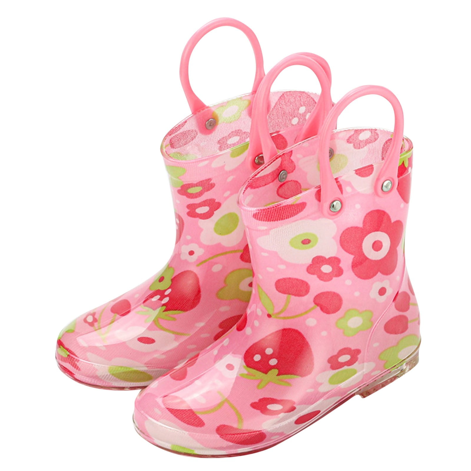 Xfvqtps Child Girls Rain Boots with Handles Flower Strawberry Print ...