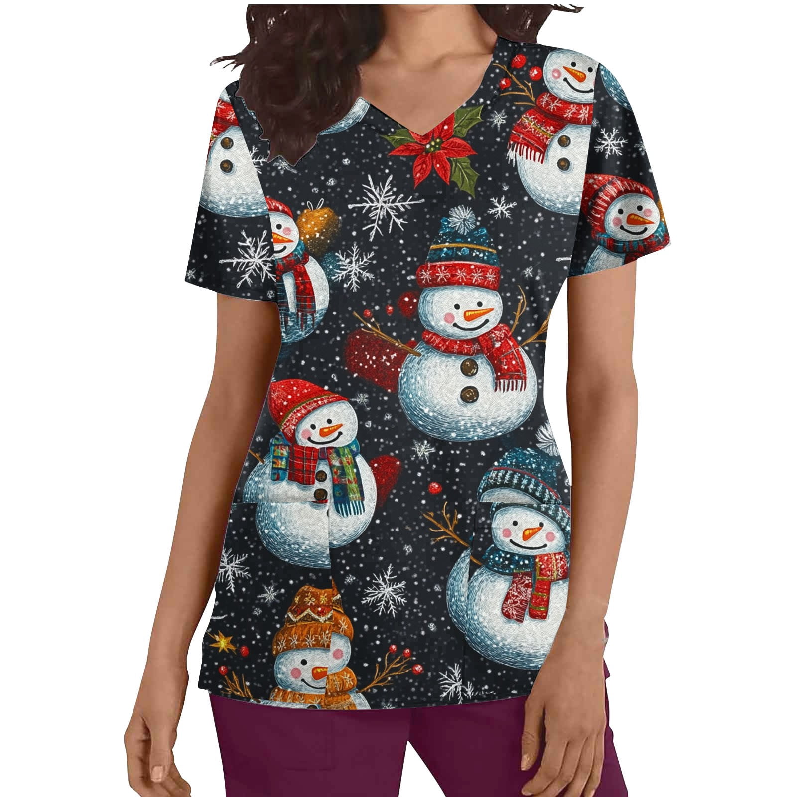 Xfvqtps Christmas Scrub Tops for Women Soft V-Neck Scrubs Comfortable ...