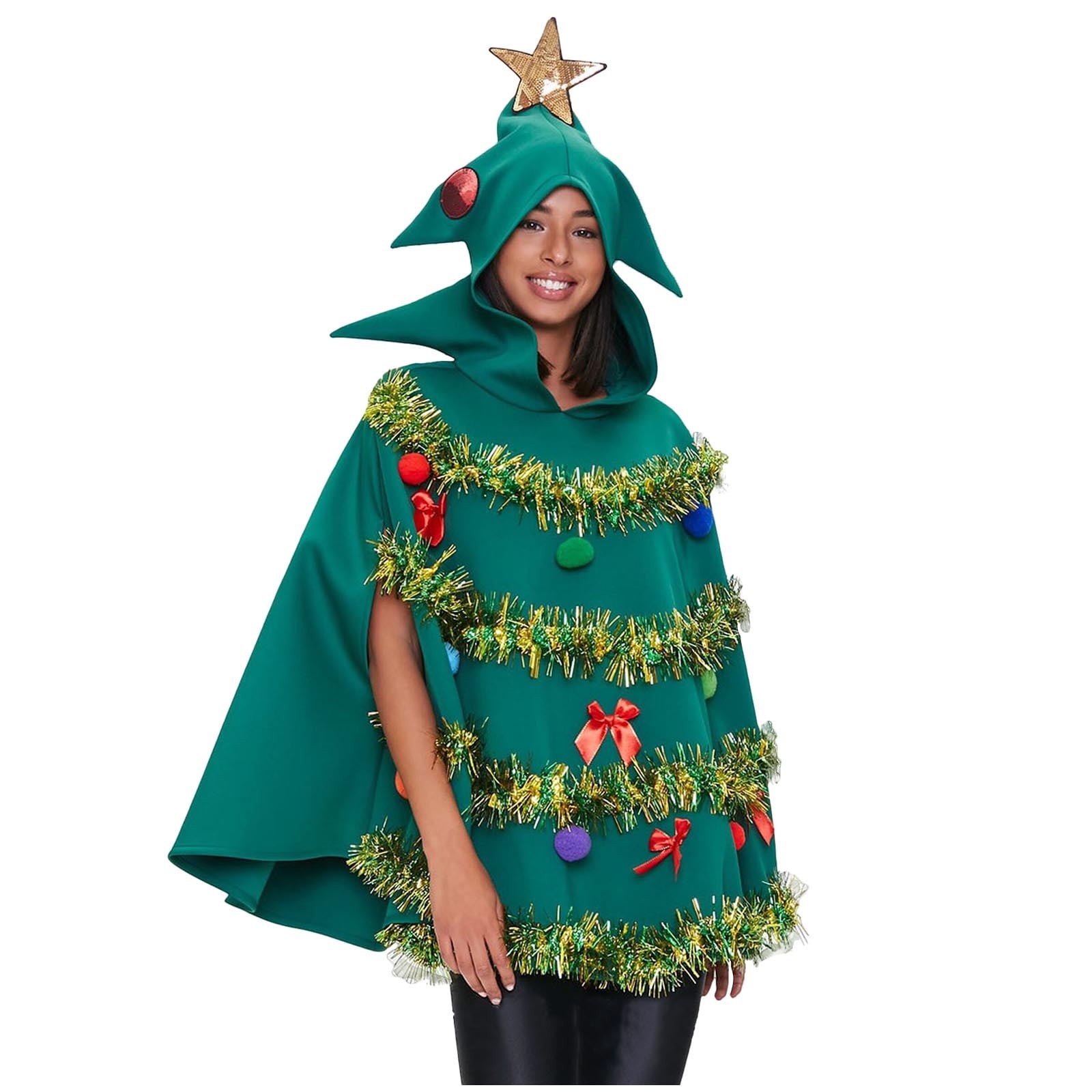 Xfvqtps Christmas Tree Poncho Adults Bow Ball Decor Hooded Cloak Cape ...