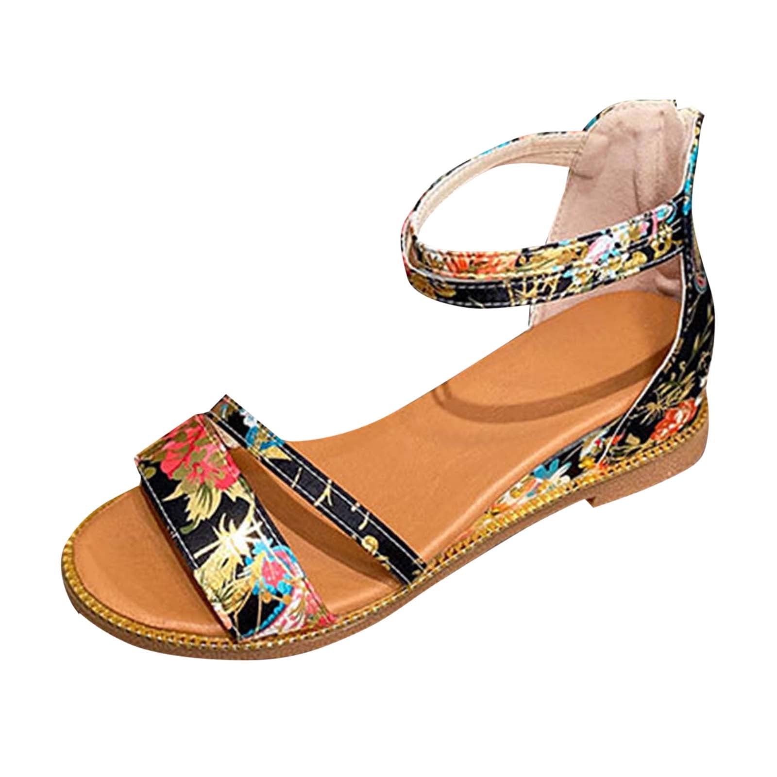 Xfvqtps Flat Sandals for Womens Internal Elevation Back Zipper Flora Straps Open Toe Beach ...