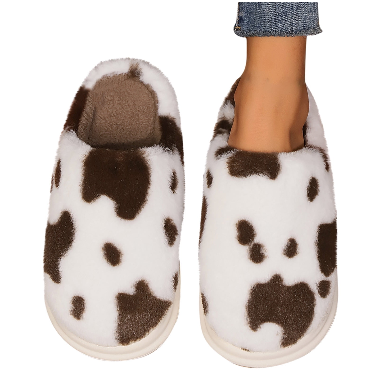 Xfvqtps Fuzzy Slippers for Women Cow Print Plush Furry Fluffy Soft ...