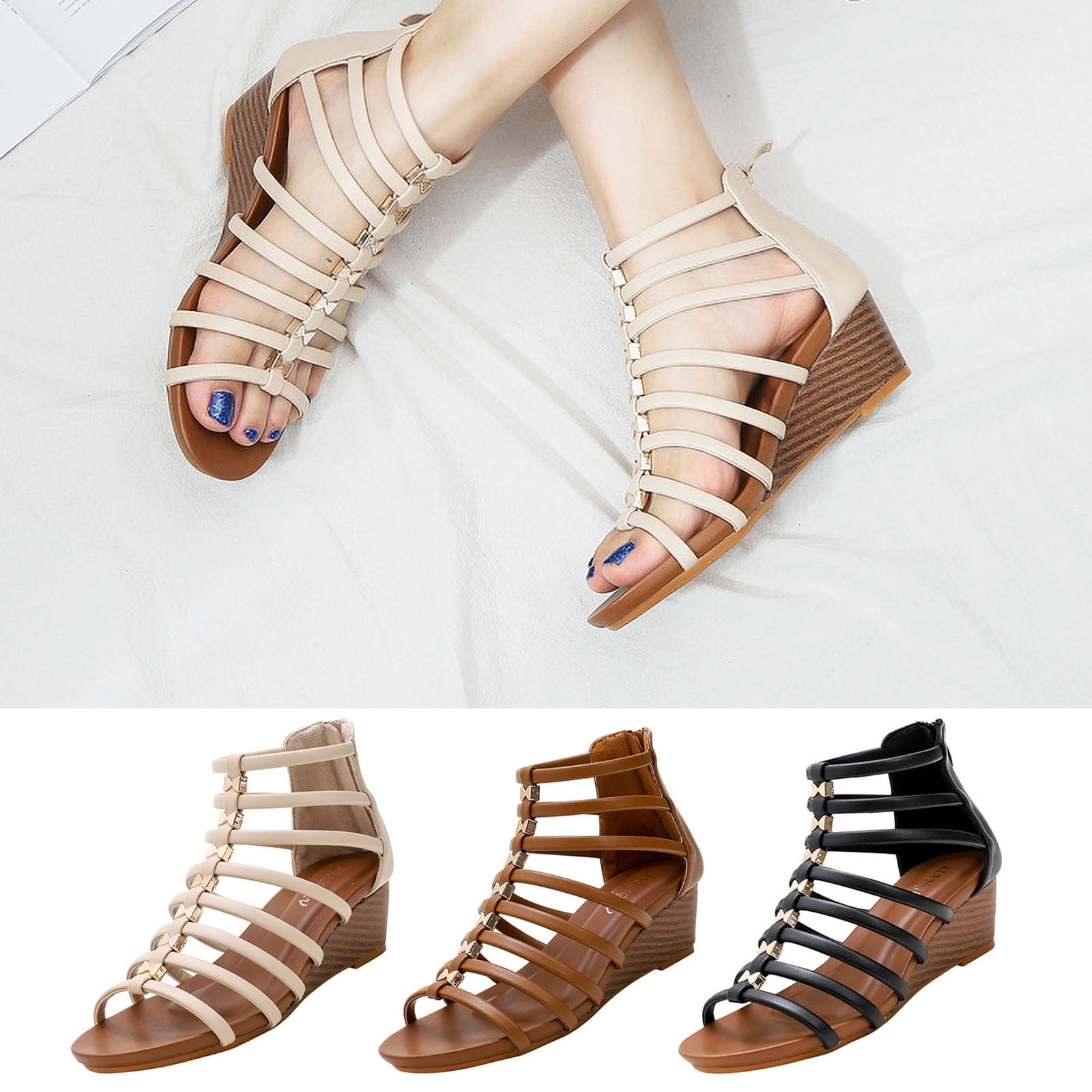 Xfvqtps Gladiator Sandals for Women Wedge Back Zipper Strappy Open Toe ...