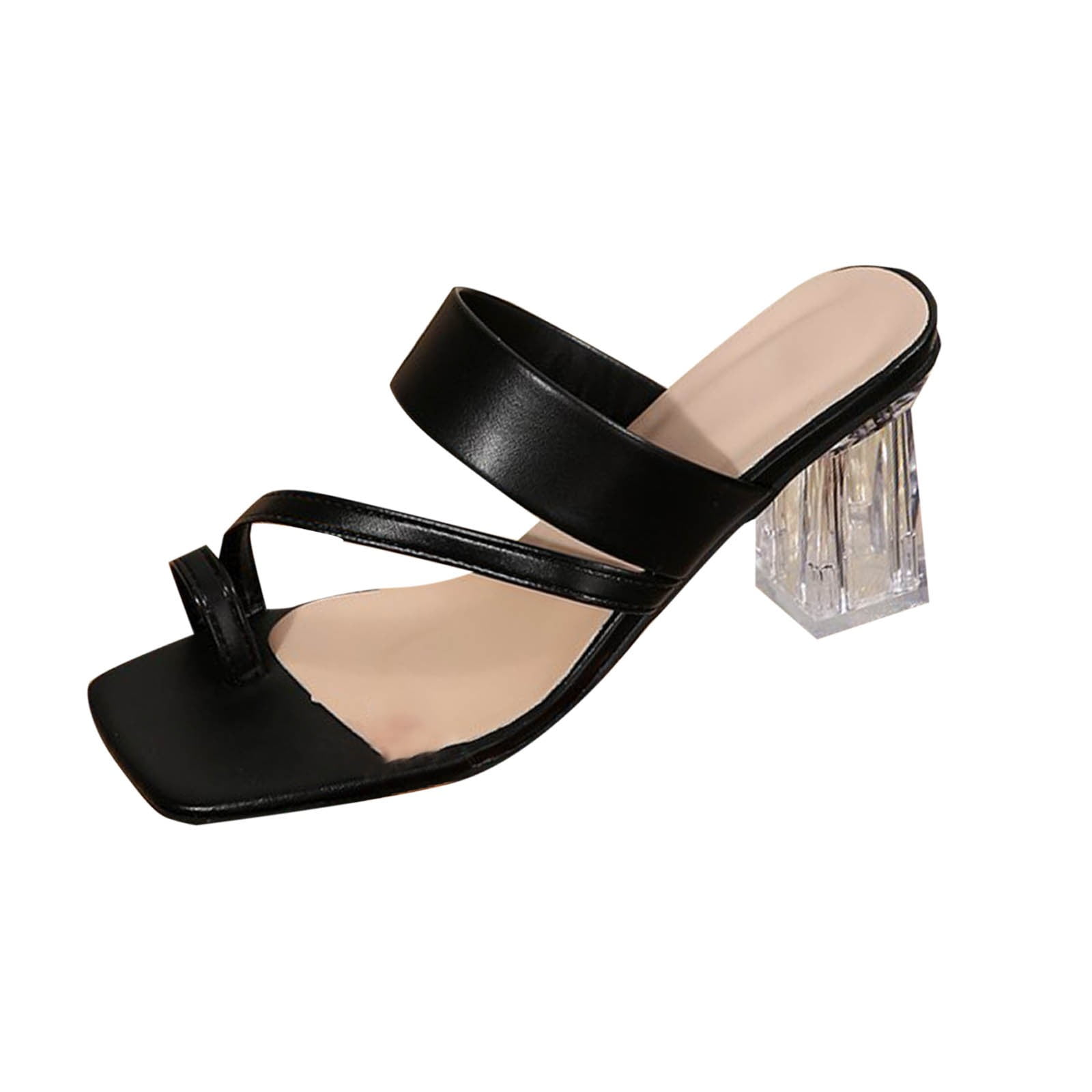 Xfvqtps Heeled Sandals for Women Clear Transparent Heel Toe Ring Square ...