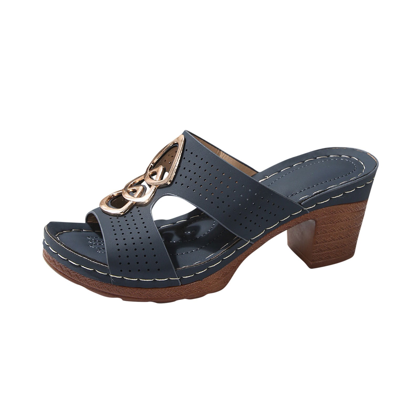 Xfvqtps Heeled Sandals for Womens Slide Block Chunky Heel Metal Decor ...