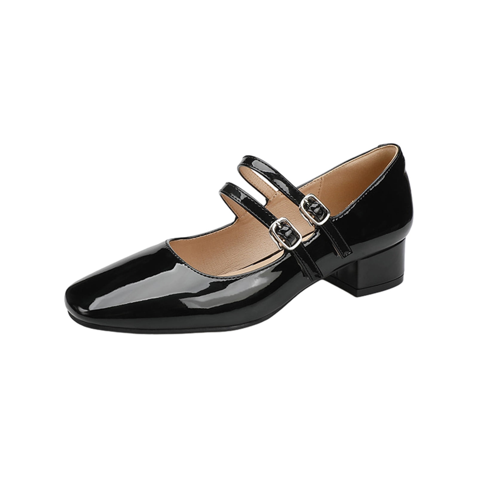 Xfvqtps Ladys Mary Jane Shoes Solid Color Double Buckle Square Toe ...