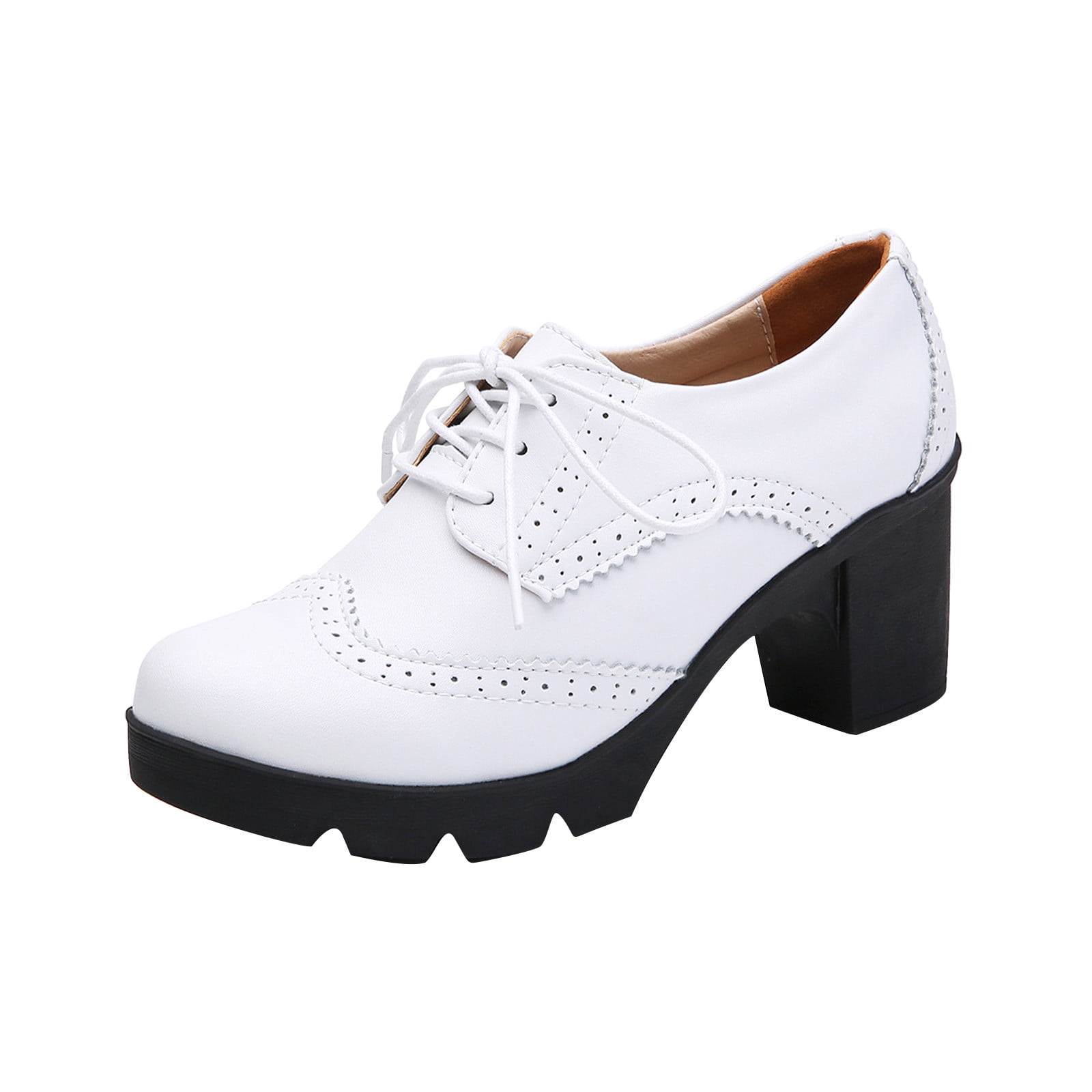 Xfvqtps Ladys Oxford Shoes British Style Chunky Heel Platform Hollow ...