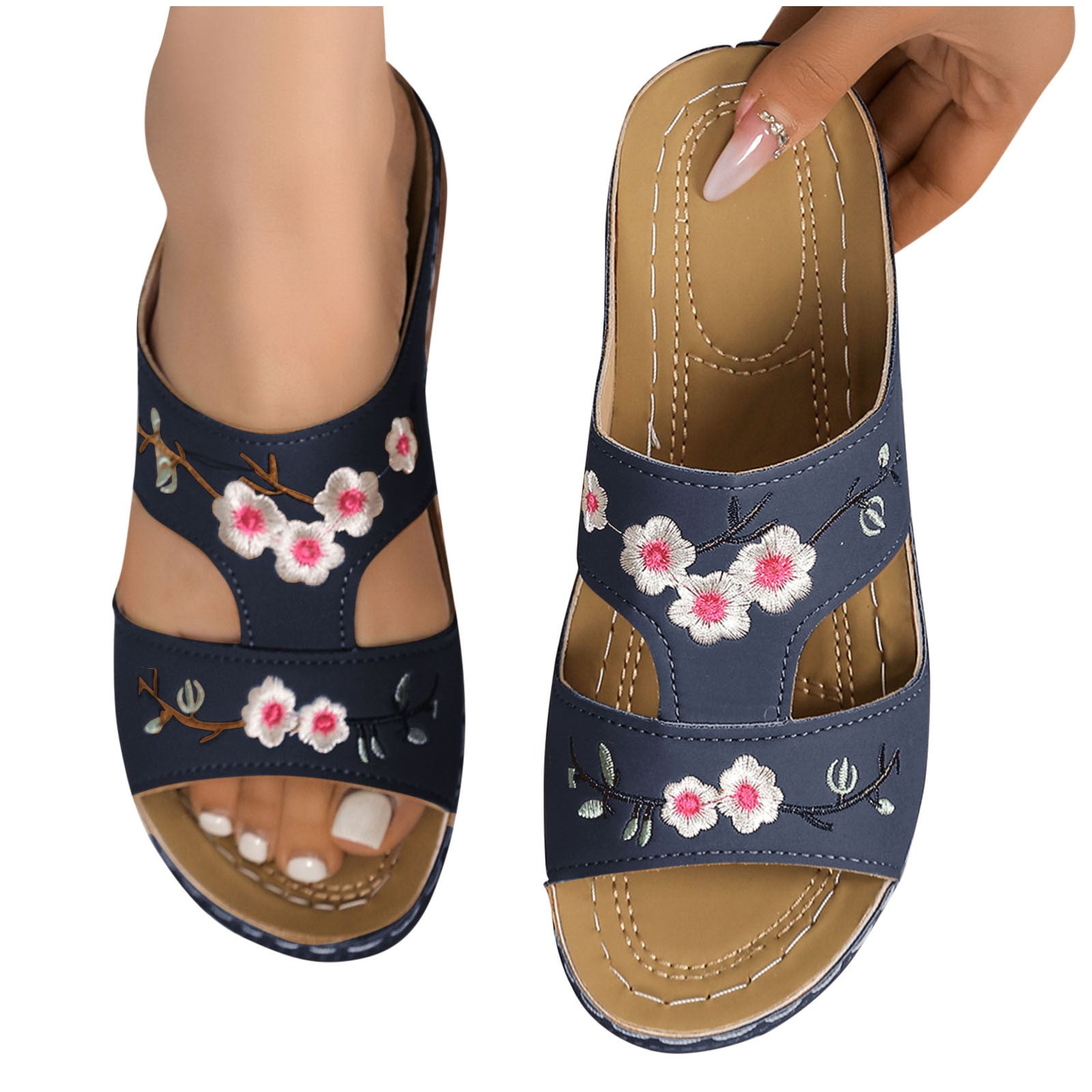 Xfvqtps Orthopedic Sandals for Women Wedge Slide Flower Embroidery Open ...