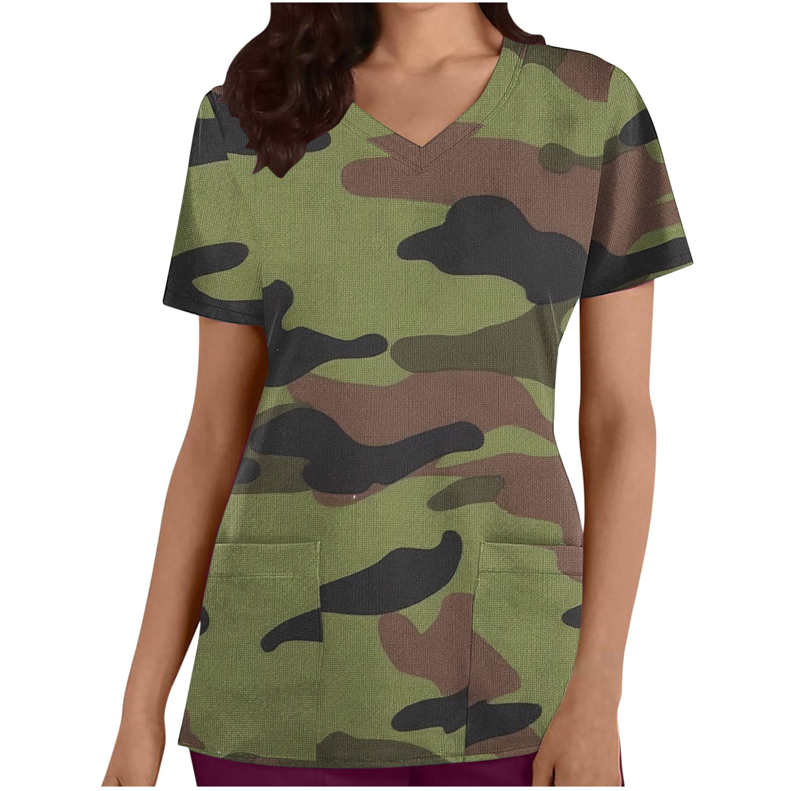 Xfvqtps Scrub Tops for Women Camouflage Soft V-Neck Scrub Top ...