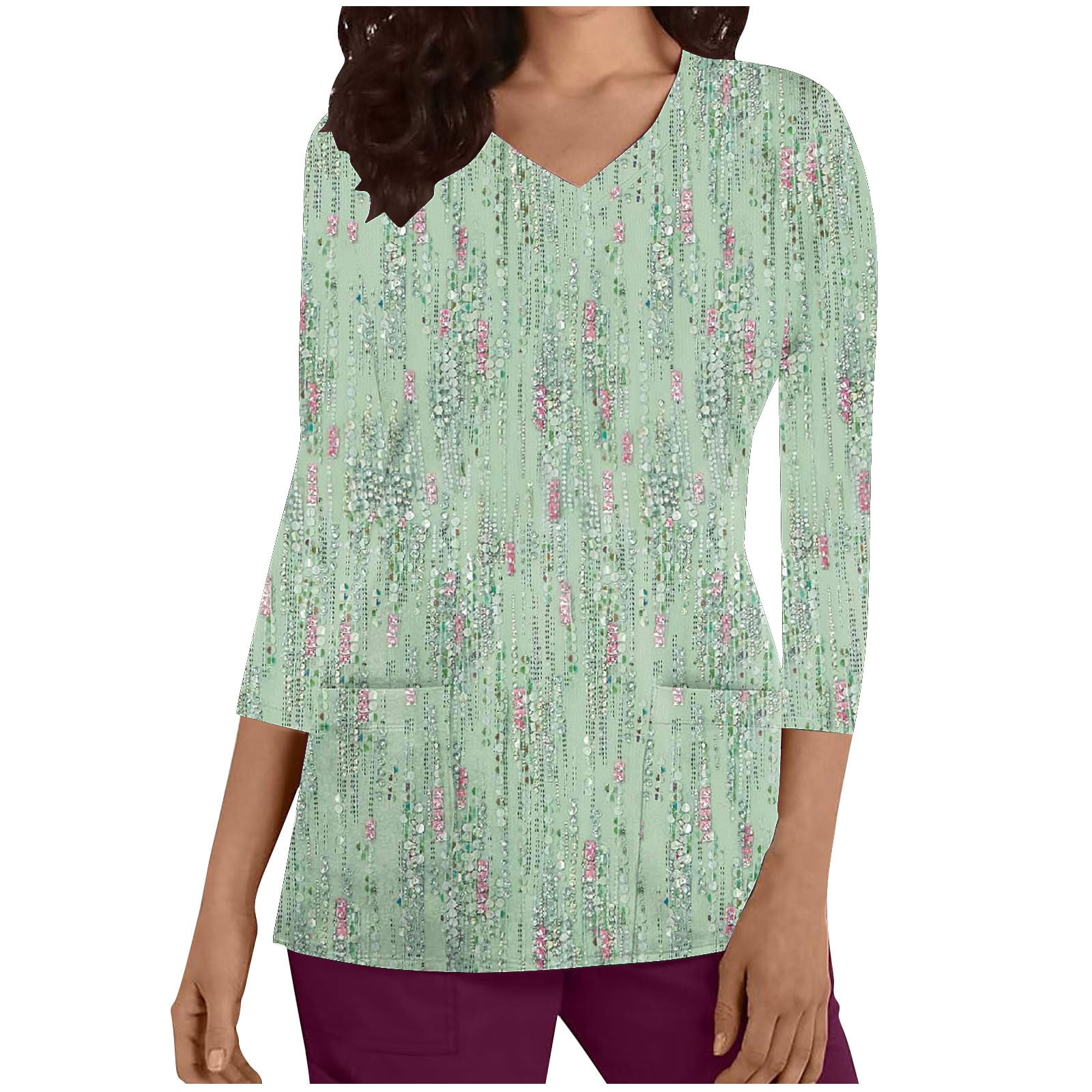 Xfvqtps Scrub Tops for Women Floral Printed Soft V-Neck 3/4 Sleeve ...