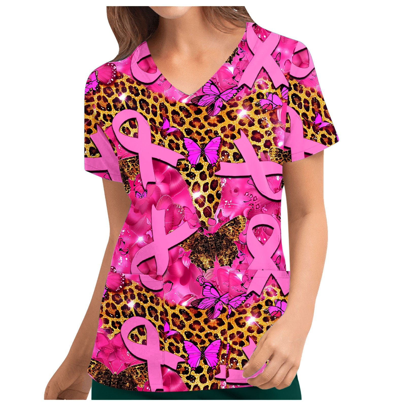 Xfvqtps Scrub Tops for Women Pink Ribbon Breast Cancer Awareness Scrubs ...