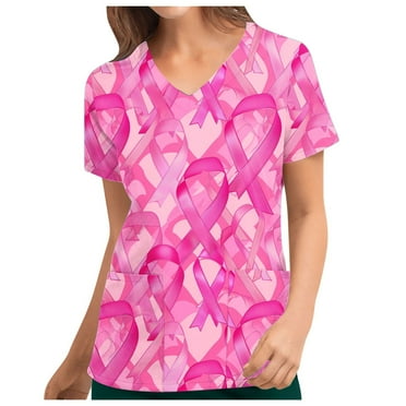 LHVUOA Breast Cancer Scrubs for Women Pink Ribbon Short Sleeve Vneck ...