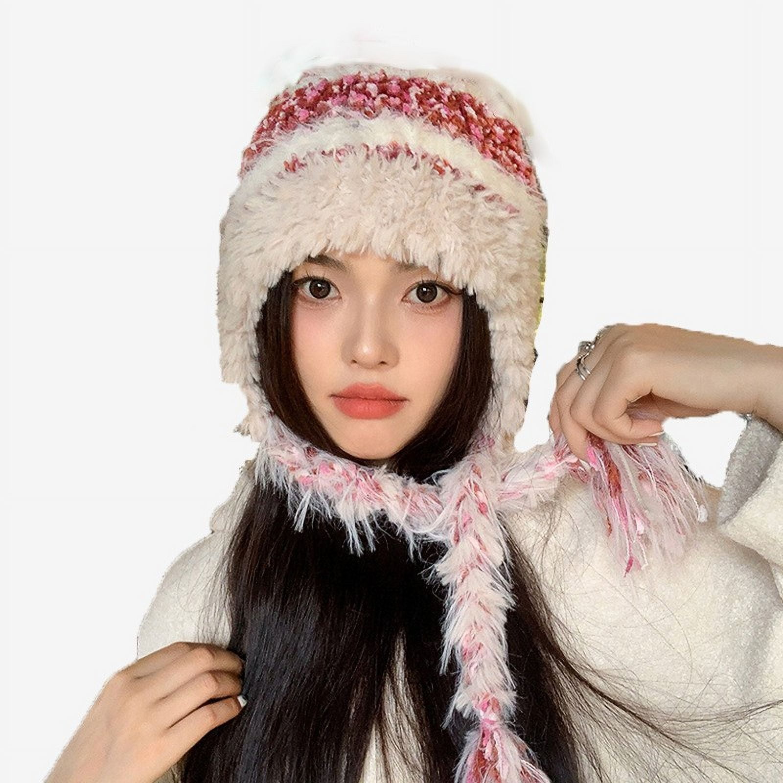 Xfvqtps Tassel Ear Flaps Hat for Womens Crochet Plush Fuzzy Mixed ...