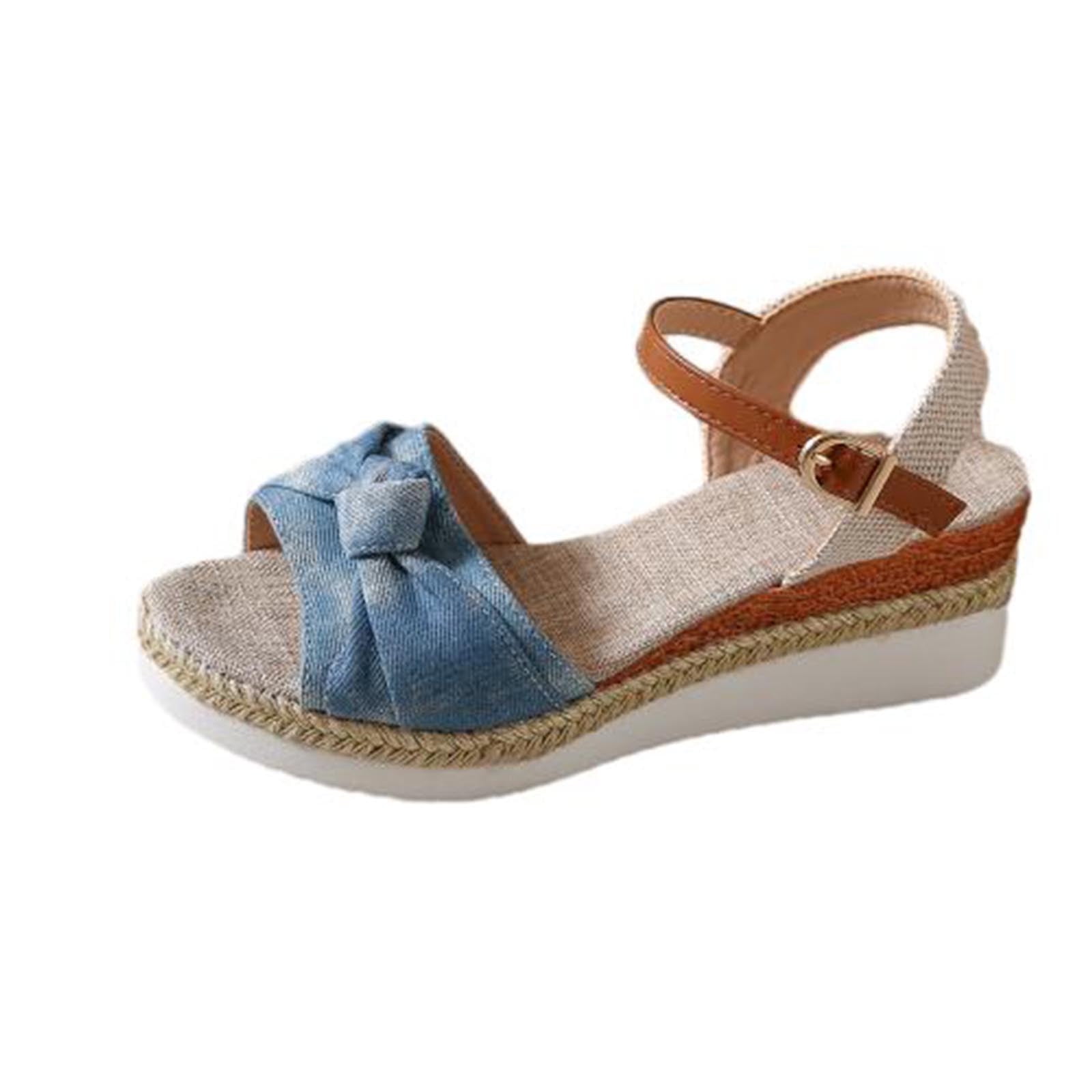 Xfvqtps Wedges for Women Platform Ankle Adjustable Buckle Strap Flax ...