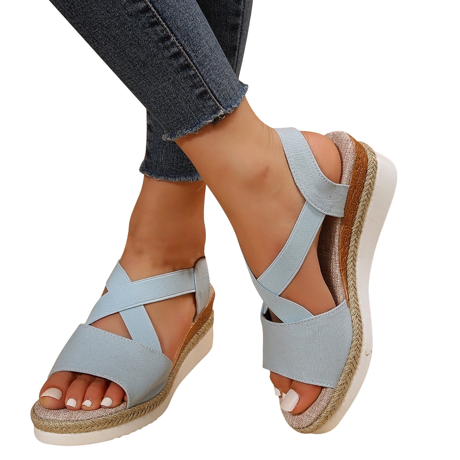 Xfvqtps Wedges for Women Platform Slip on Cross Elastic Straps Flax ...