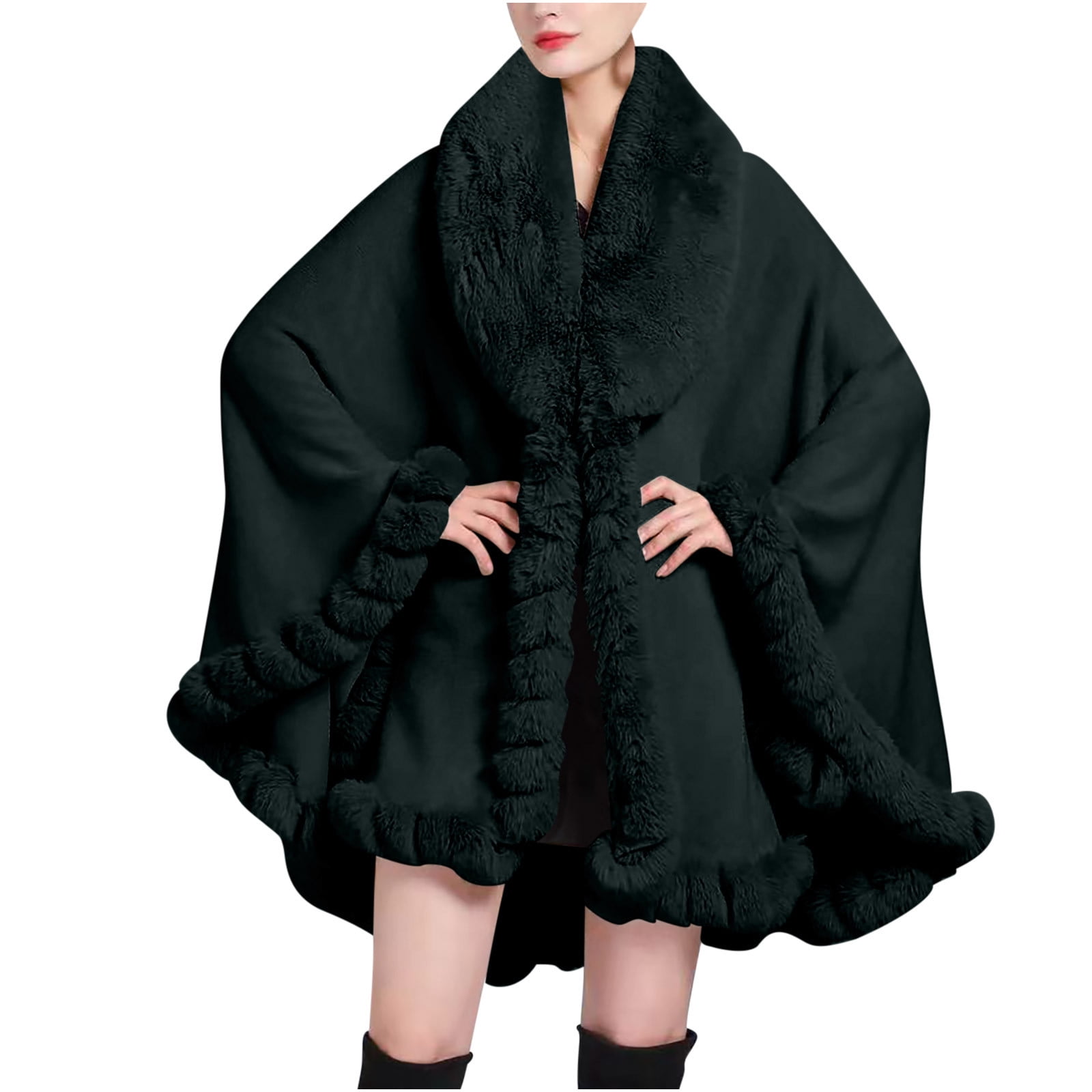 Xfvqtps Women Cape Faux Fur Collar Cloak Plush Edge Open Front Solid ...