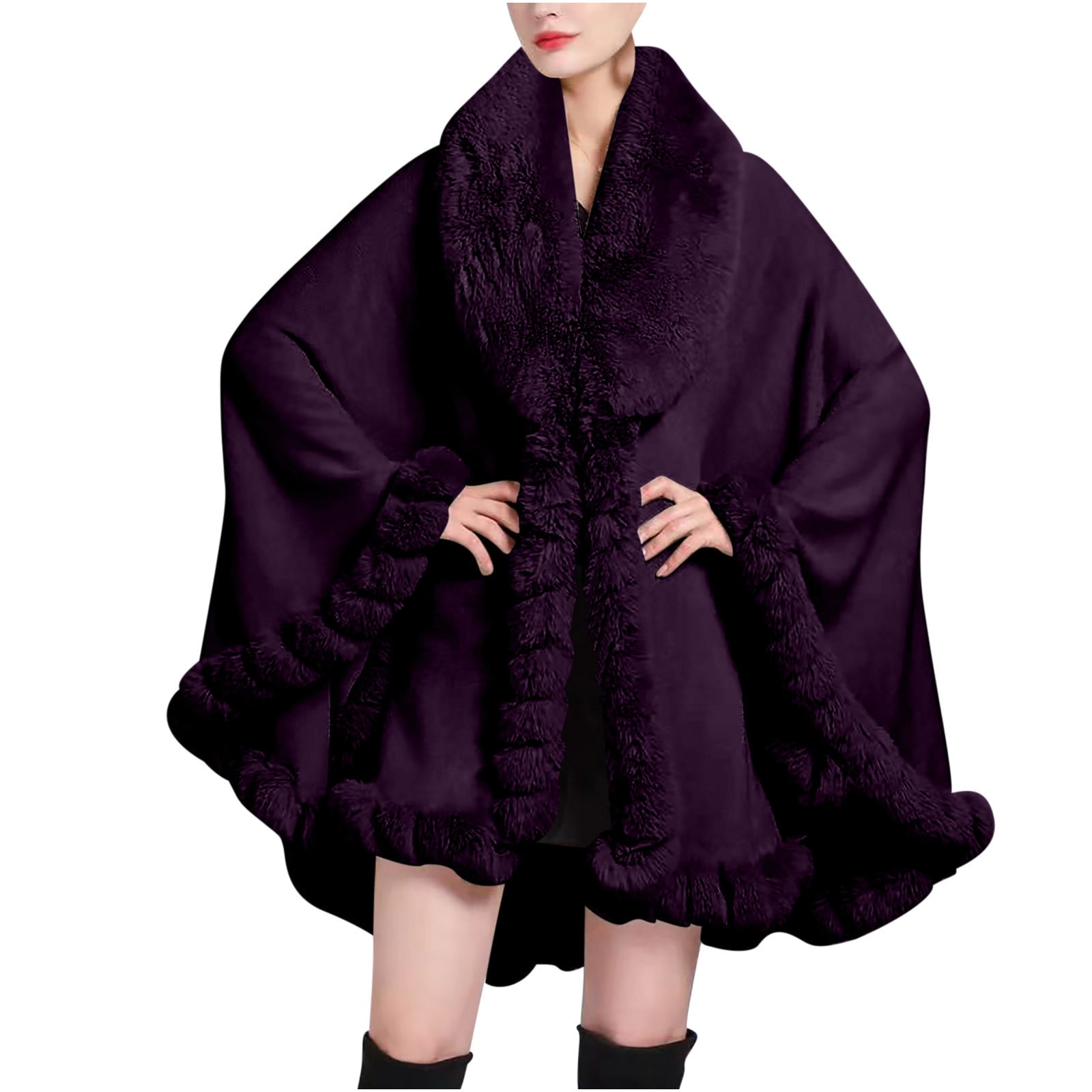 Xfvqtps Women Cape Faux Fur Collar Cloak Plush Edge Open Front Solid ...