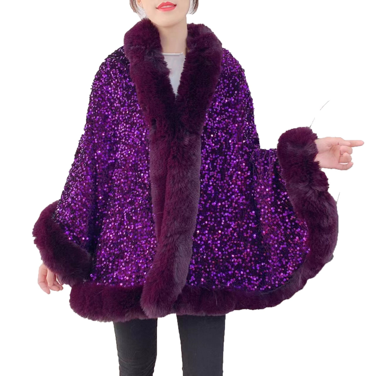 Xfvqtps Women Cape Faux Fur Collar and Cuff Plush Hem Cloak Sequin ...