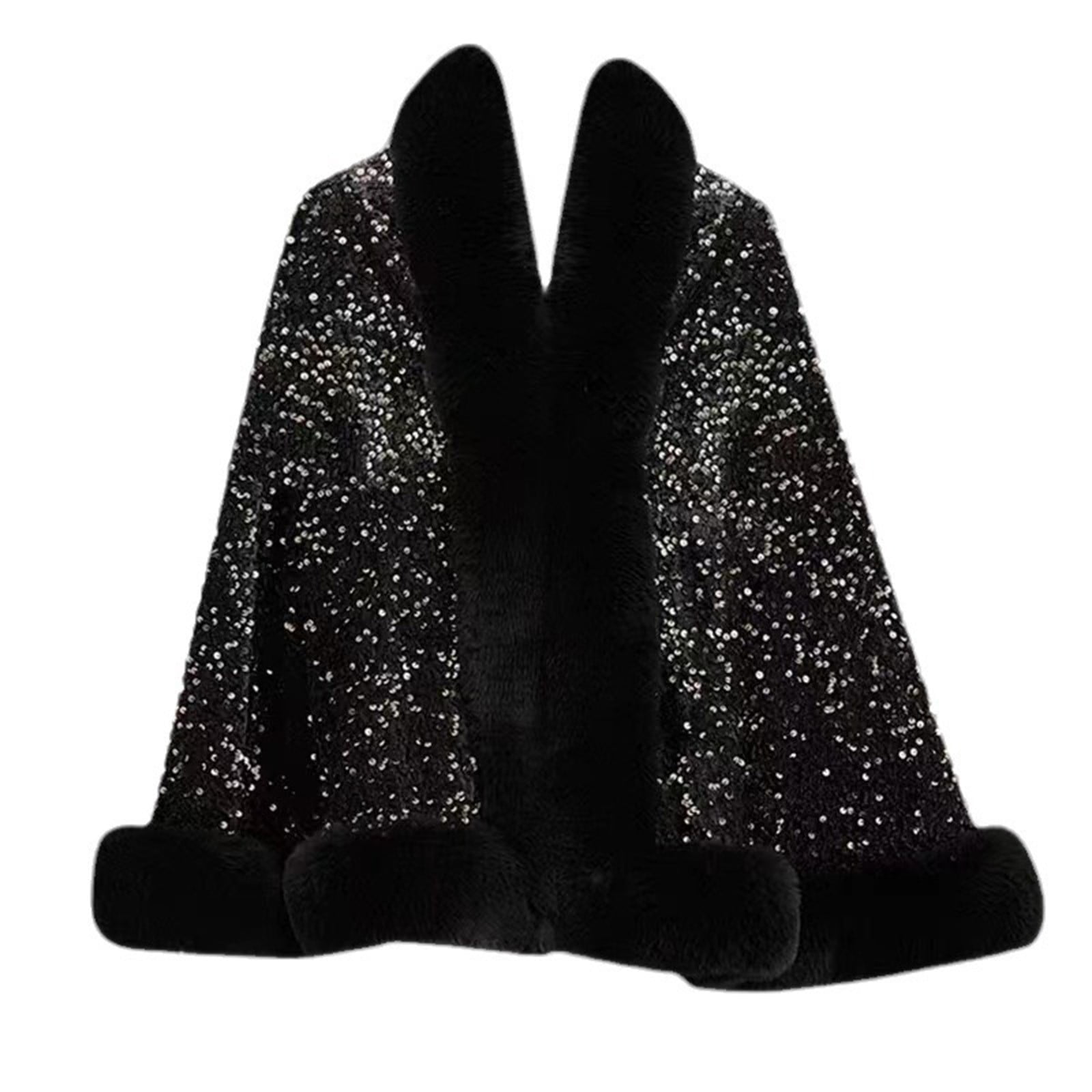 Xfvqtps Women Cape Faux Fur Collar and Cuff Plush Hem Cloak Sequin ...