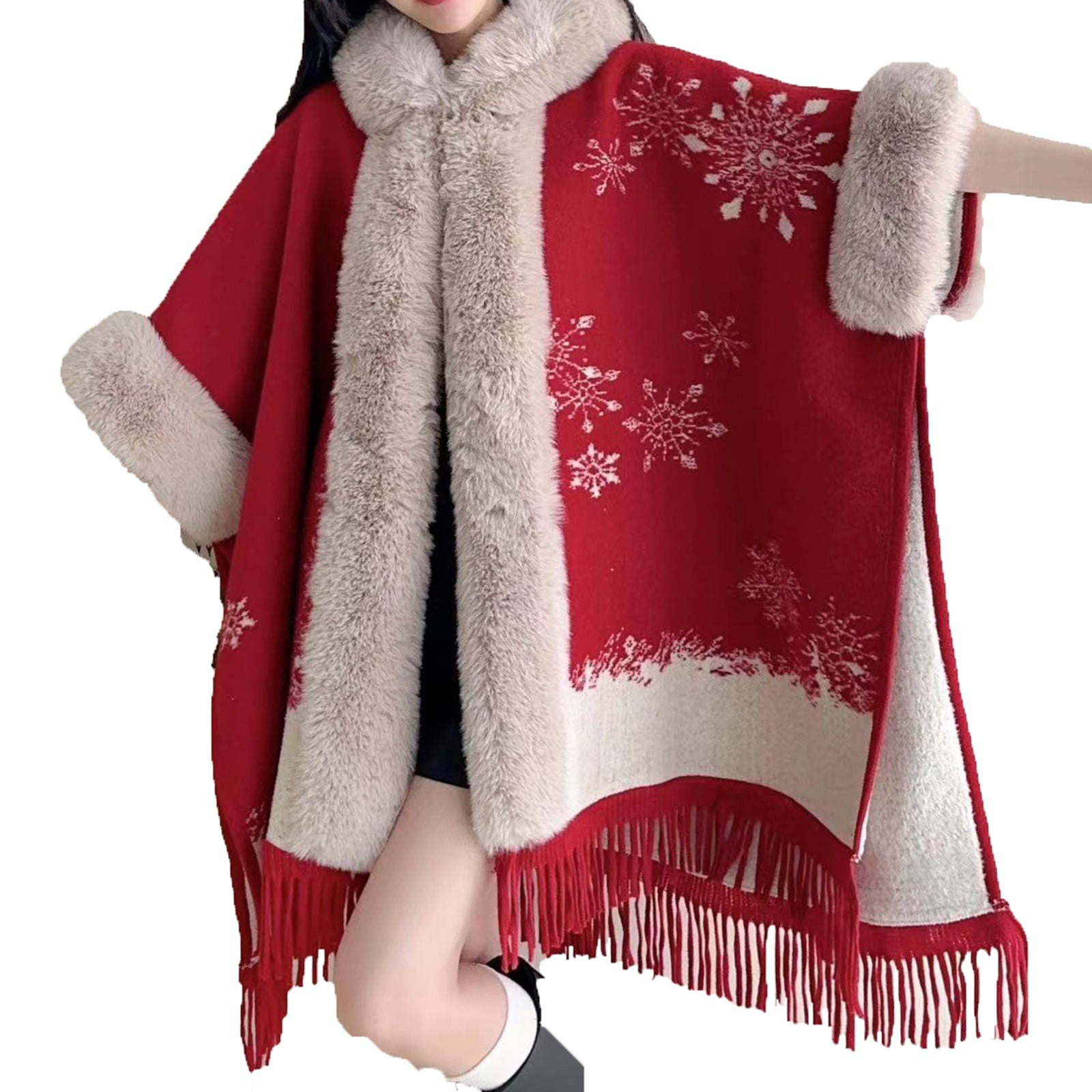 Xfvqtps Women Christmas Red Cape Faux Fur Collar and Cuff Tassel Hem Cloak Open Front Snowflake ...