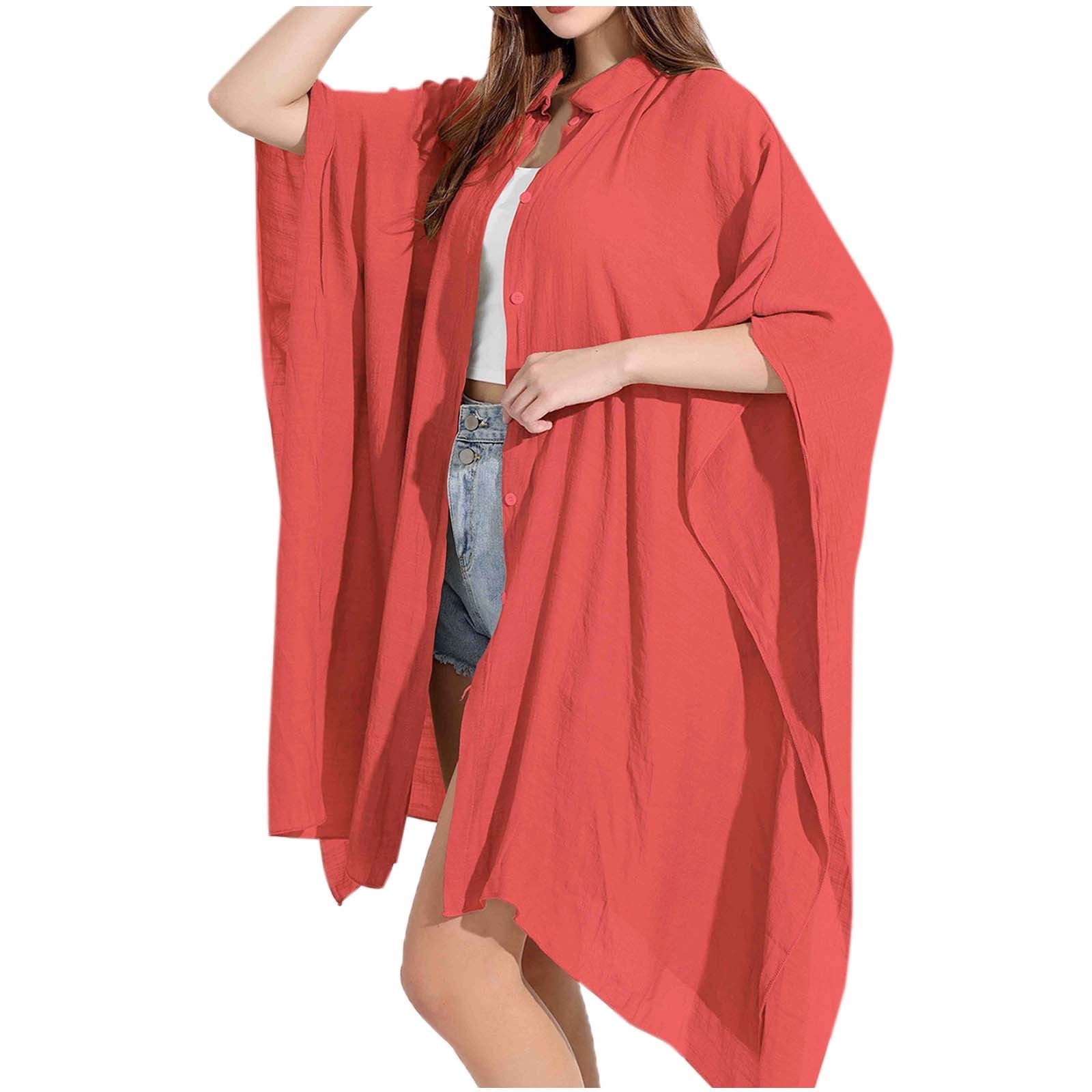 Xfvqtps Women Long Cape Large Size Solid Color Flip Collar Button Loose ...