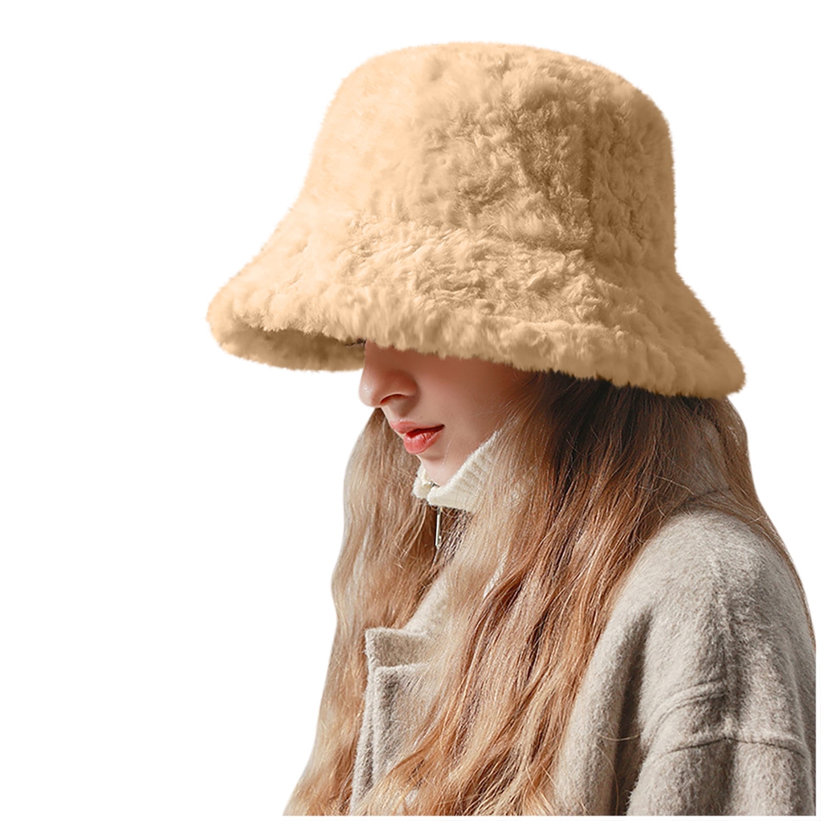 Xfvqtps Womens Bucket Hat Fluffy Plush Faux Fur Fuzzy Knit Solid Color ...