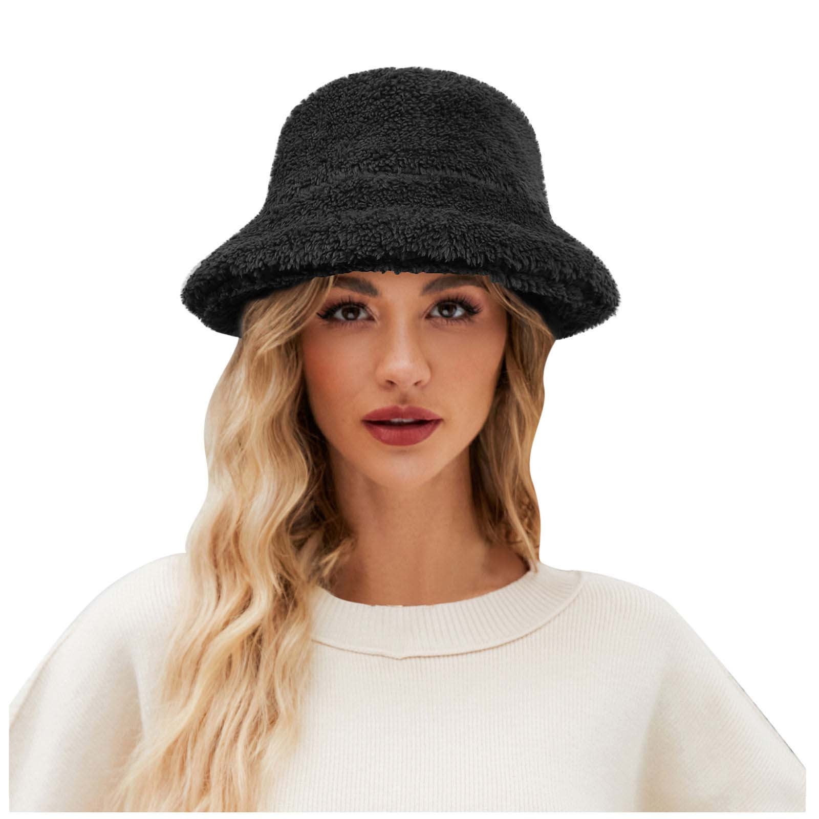 Xfvqtps Womens Bucket Hat Fluffy Plush Faux Fur Fuzzy Solid Color Simplicity Thick Coldproof ...