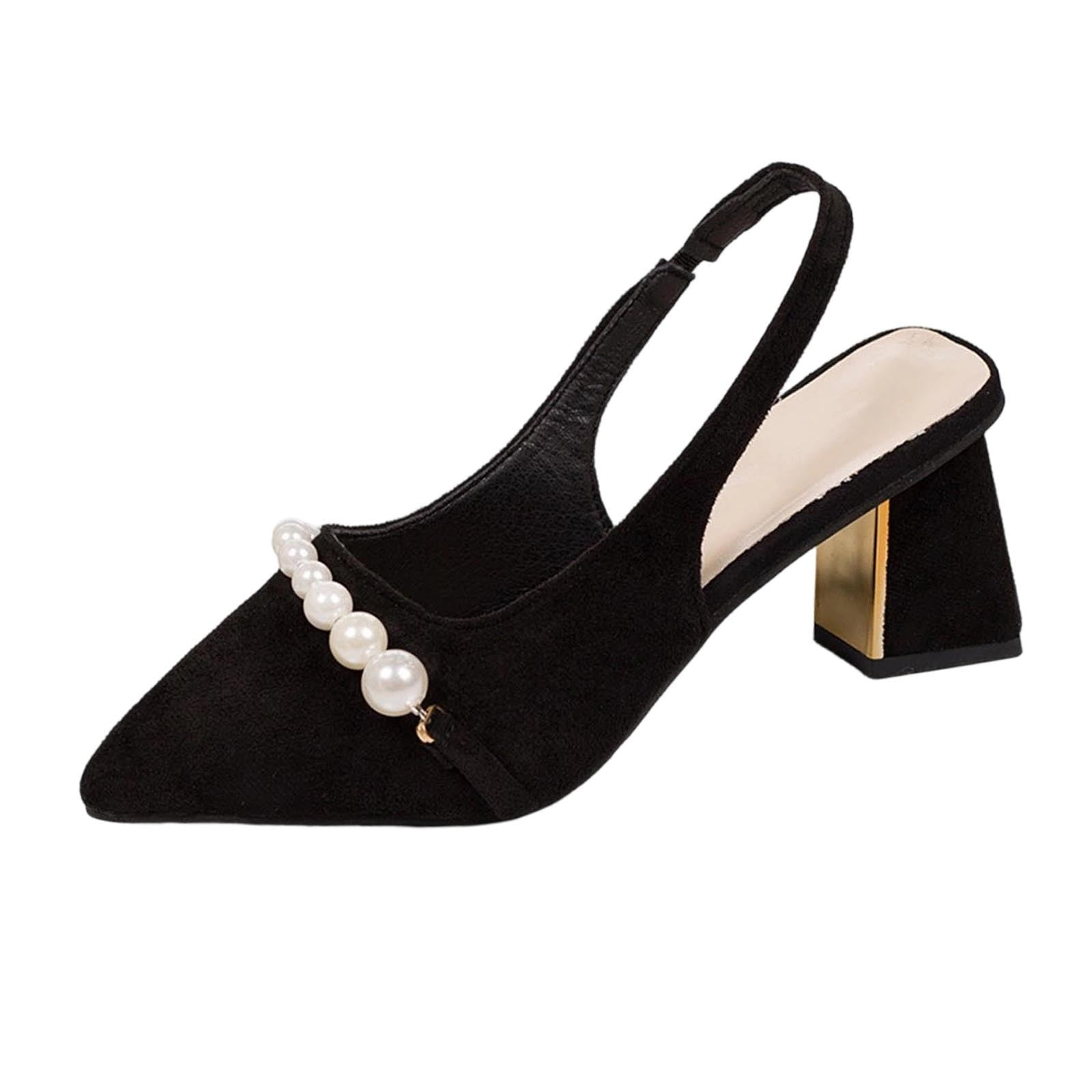 Xfvqtps Womens Slingback Heels Pearl Embellished Sandals Block Heel ...