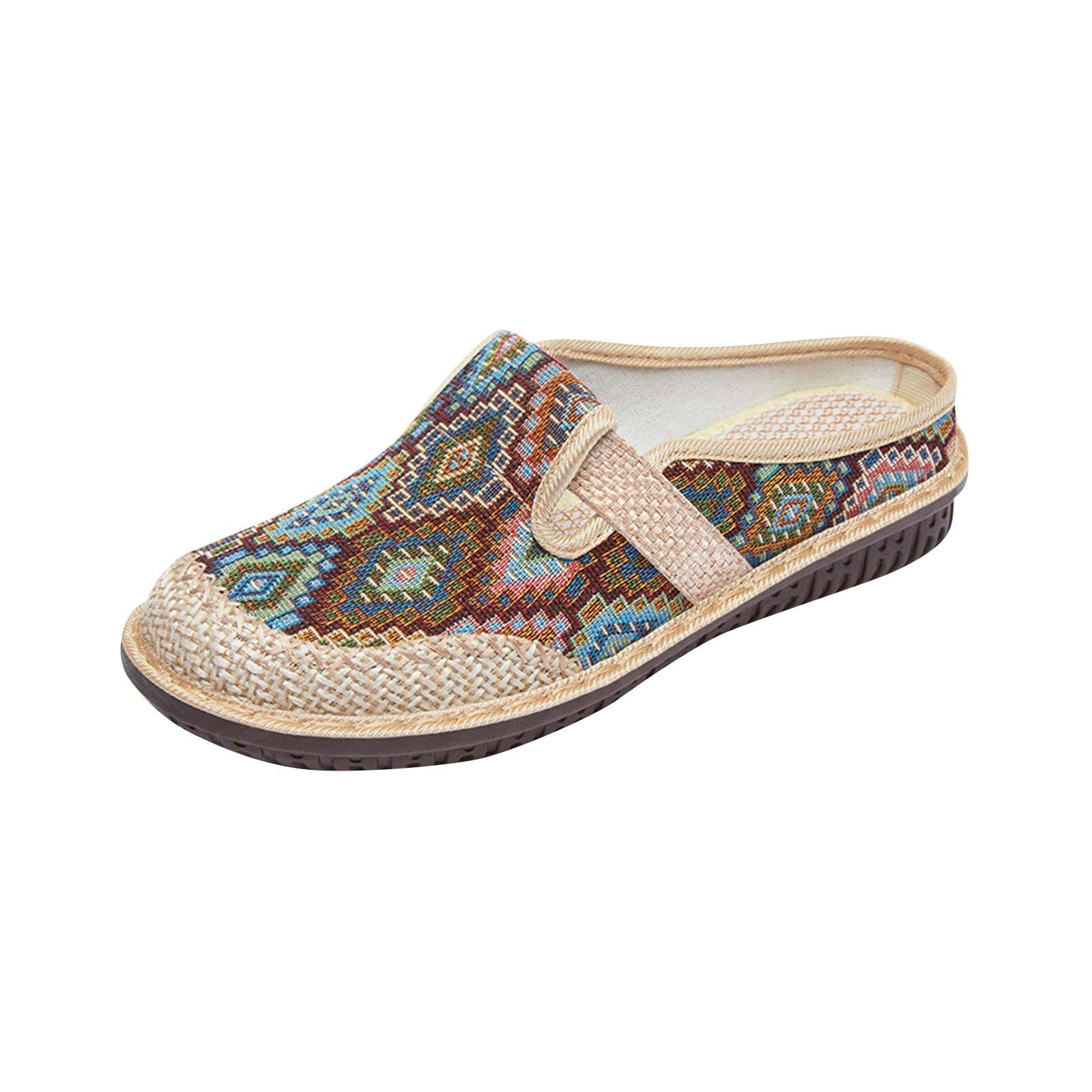 Xfvqtps Womens Slip on Boho Closed Toe Mules Fashion Embroidered Linen ...