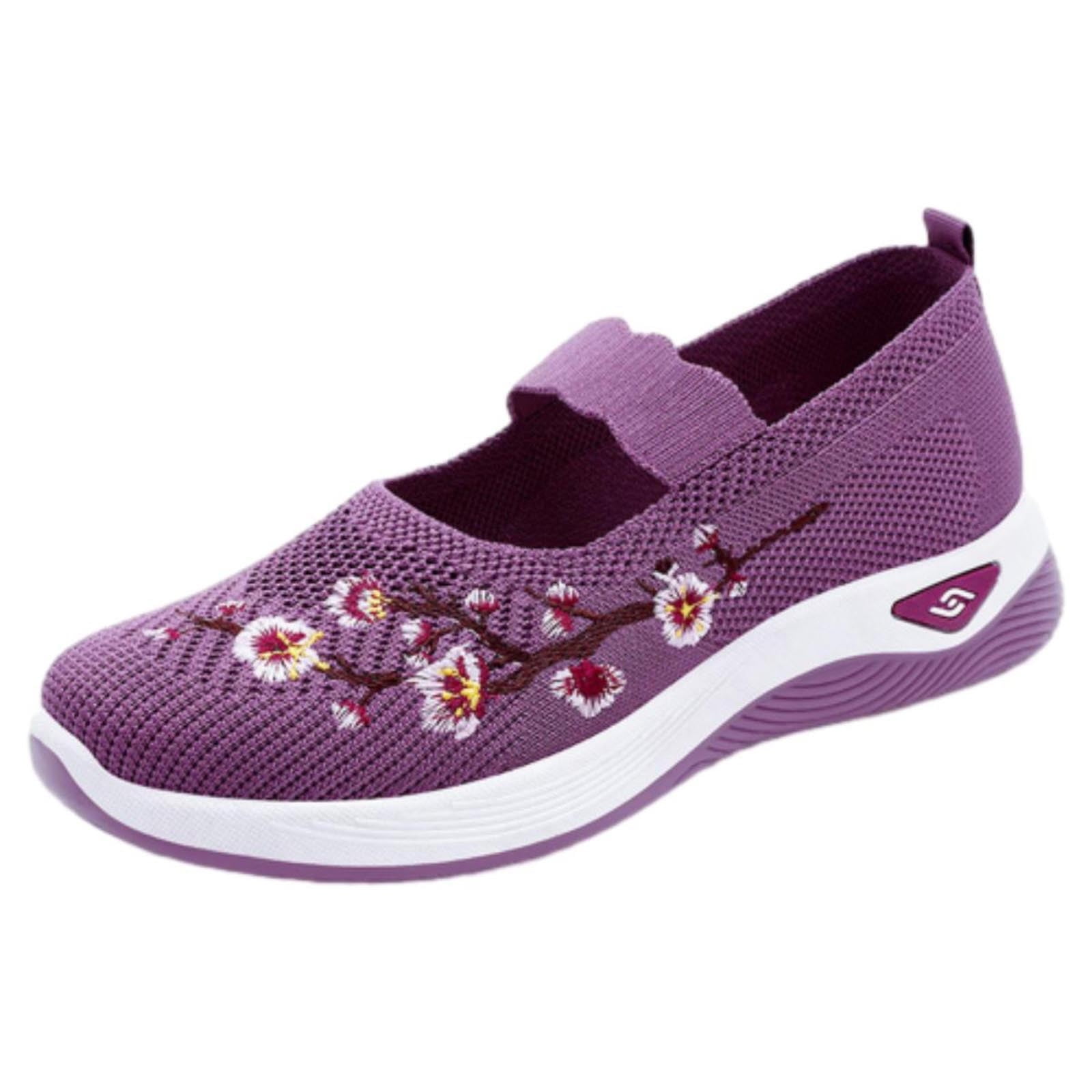 Xfvqtps Womens Sneakers Large Size Flower Embroidered Knitting Soft ...